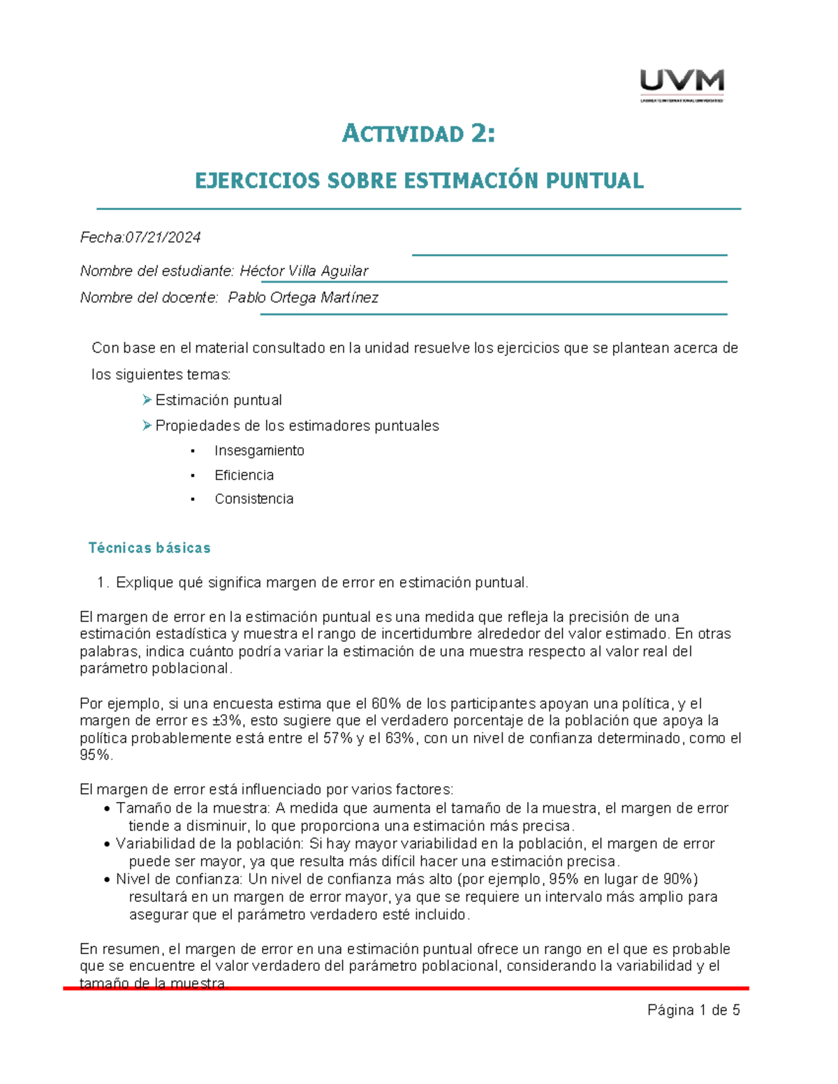 ACTIVIDAD 2: EJERCICIOS SOBRE ESTIMACIÓN PUNTUAL - ACTIVIDAD 2: EJERCICIOS SOBRE ESTIMACIÓN ...