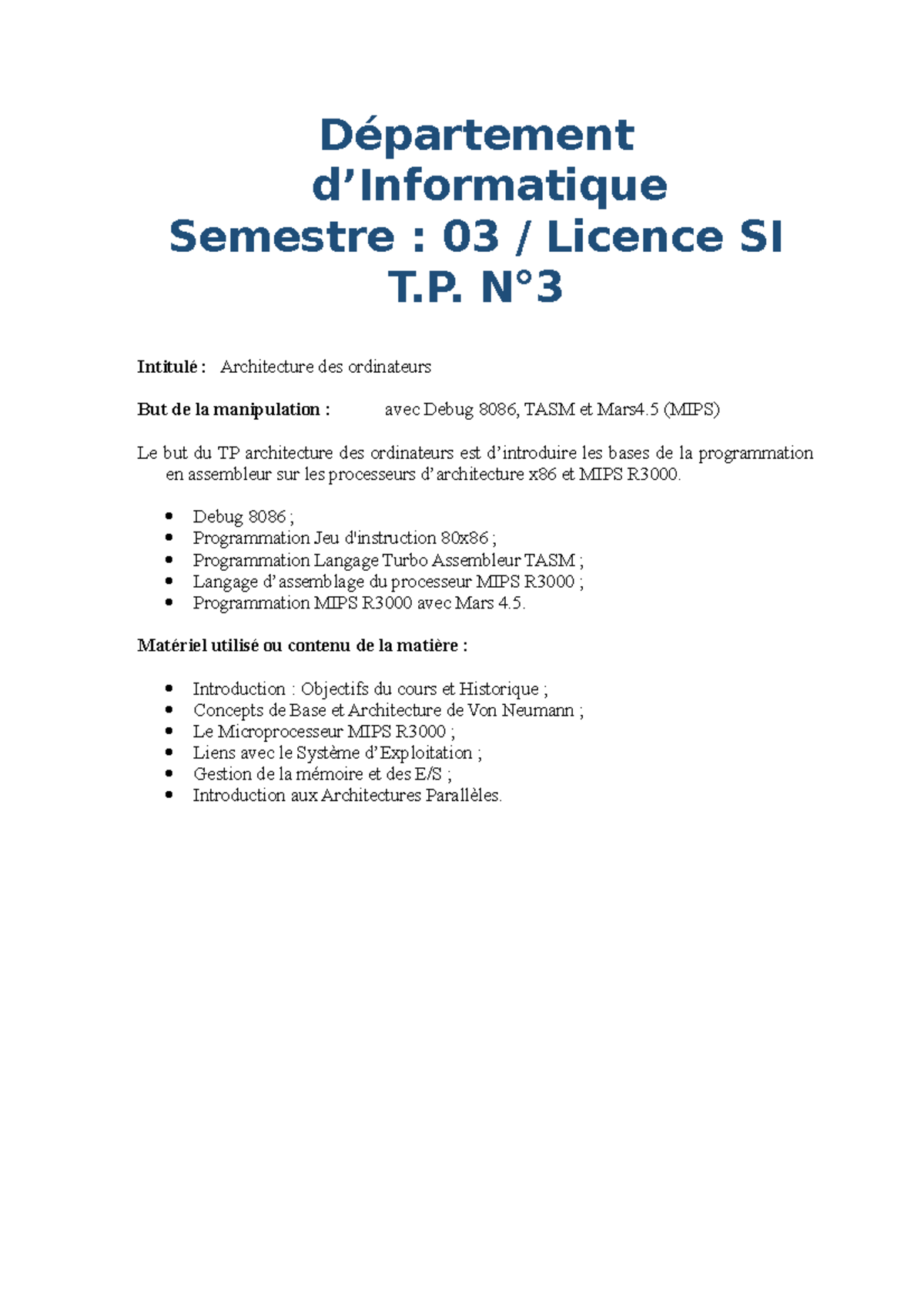 TP L2 Informatique - d’Informatique Semestre : 03 / Licence SI T. N ...
