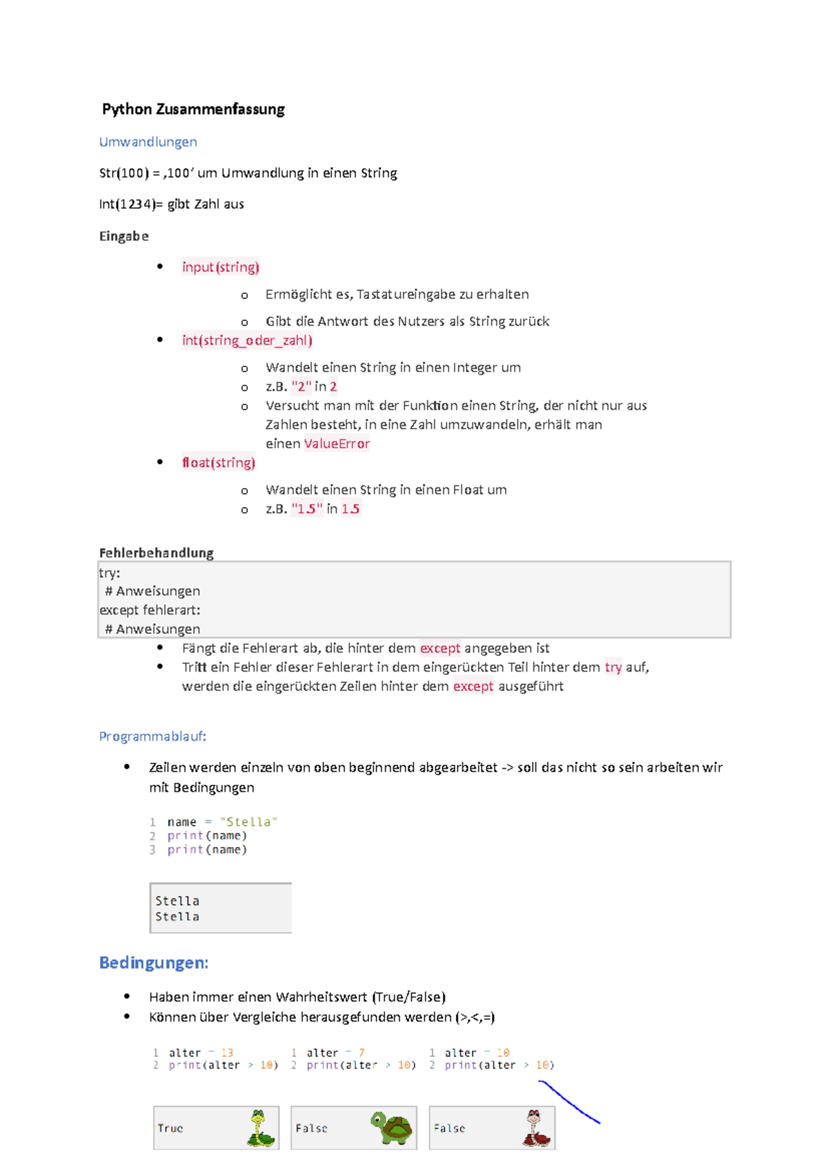 Python Zusammenfassung - Python Zusammenfassung Umwandlungen Str(100 ...