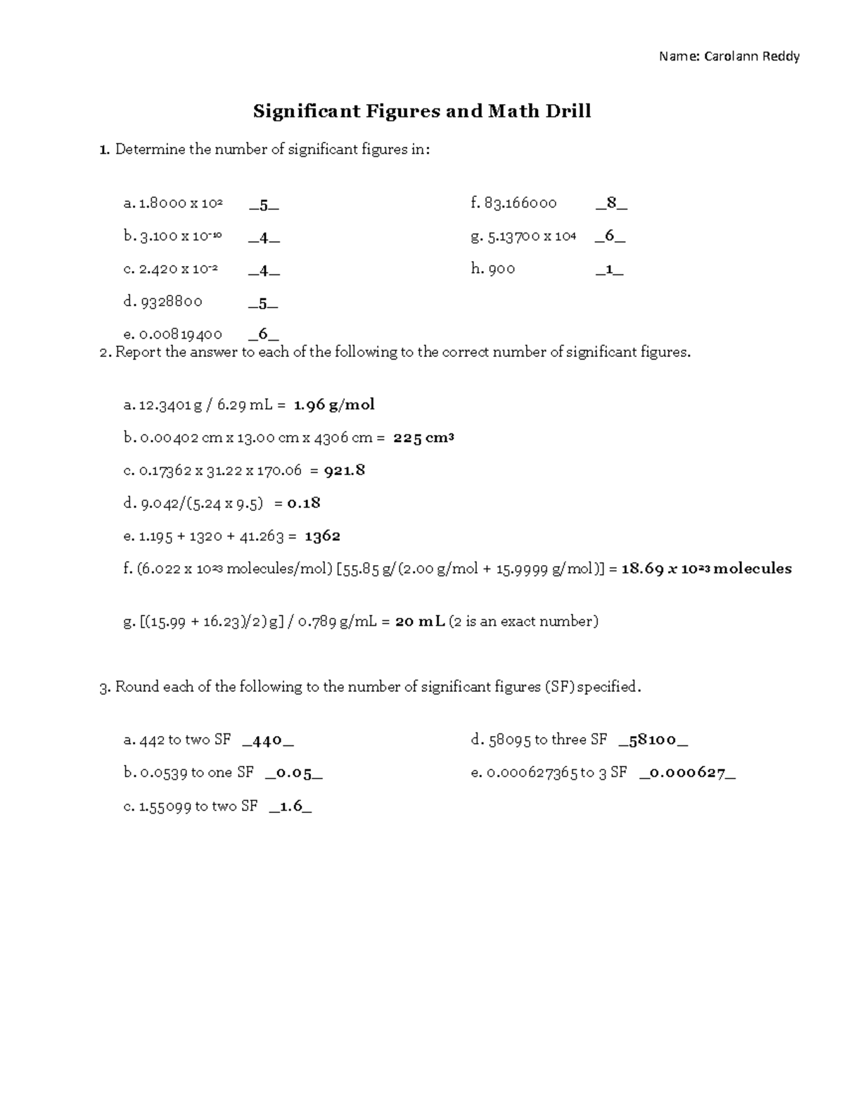 Chem 1411 - Name: Carolann Reddy Significant Figures and Math Drill 1 ...