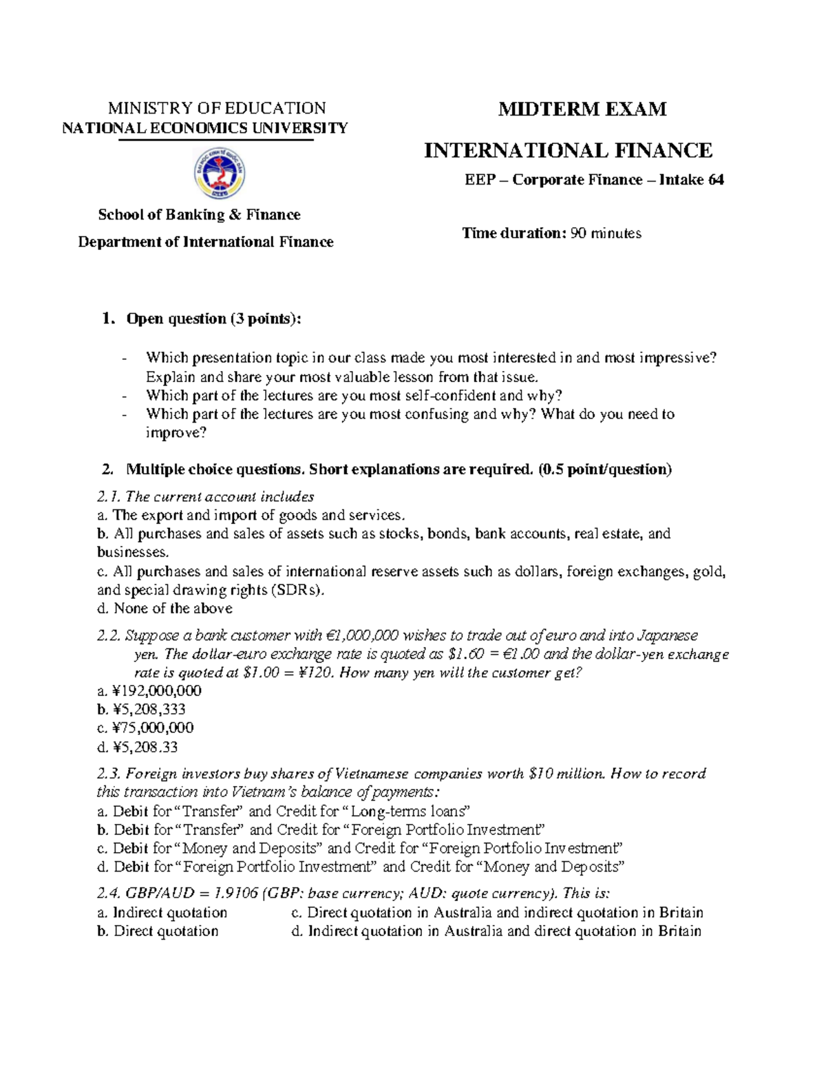 Midterm IFM Finance 64E 2024 Online - MINISTRY OF EDUCATION NATIONAL ...