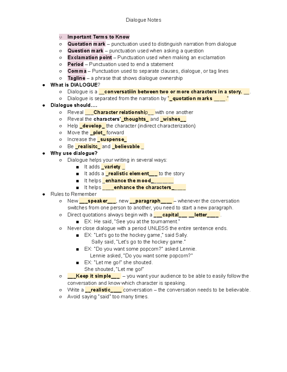 Dialogue Notes - Dialogue Notes Important Terms to Know Quotation mark ...