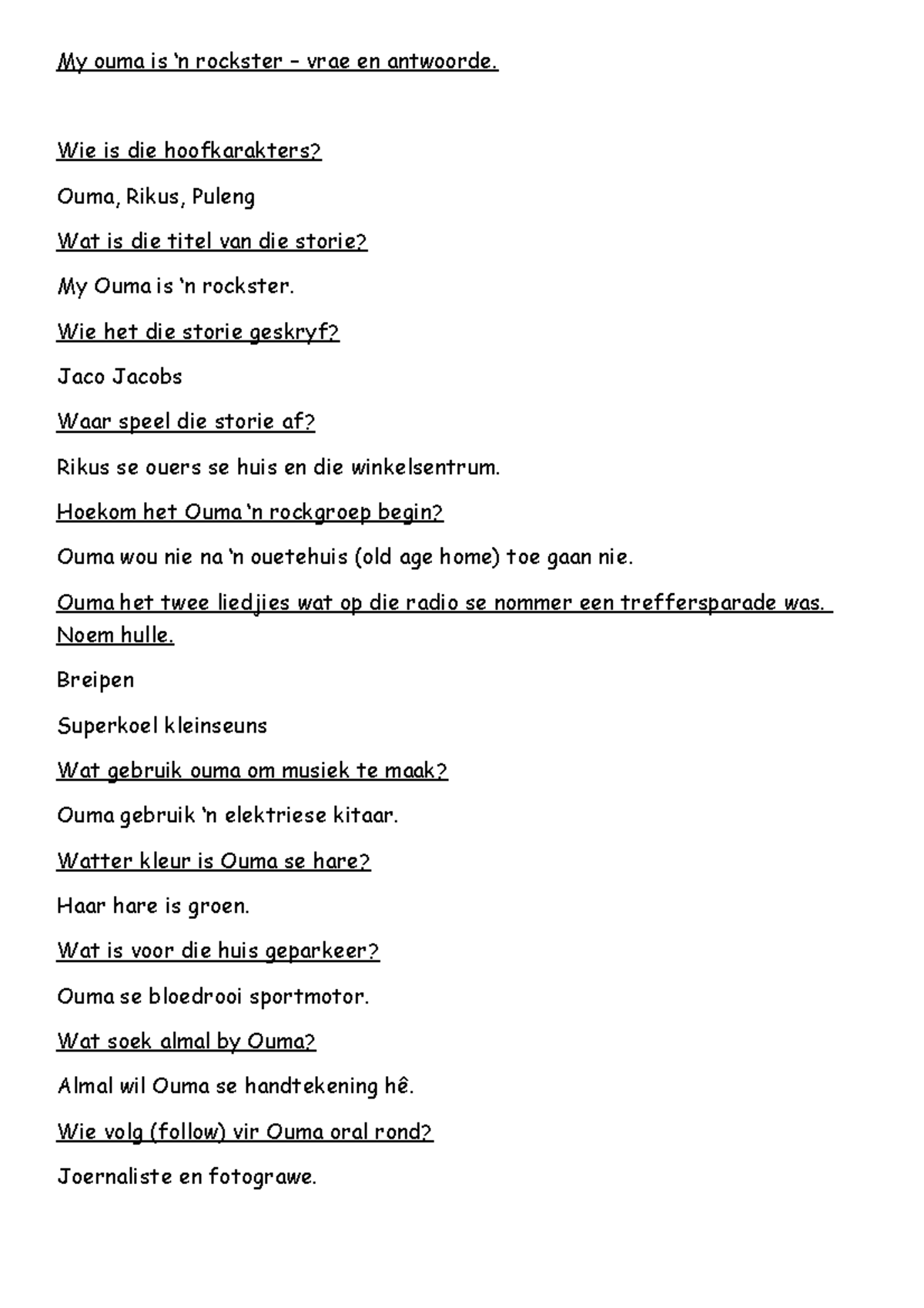 My ouma is 'n rockster - vrae en antwoorde - Wie is die hoofkarakters? Ouma, Rikus, Puleng Wat ...