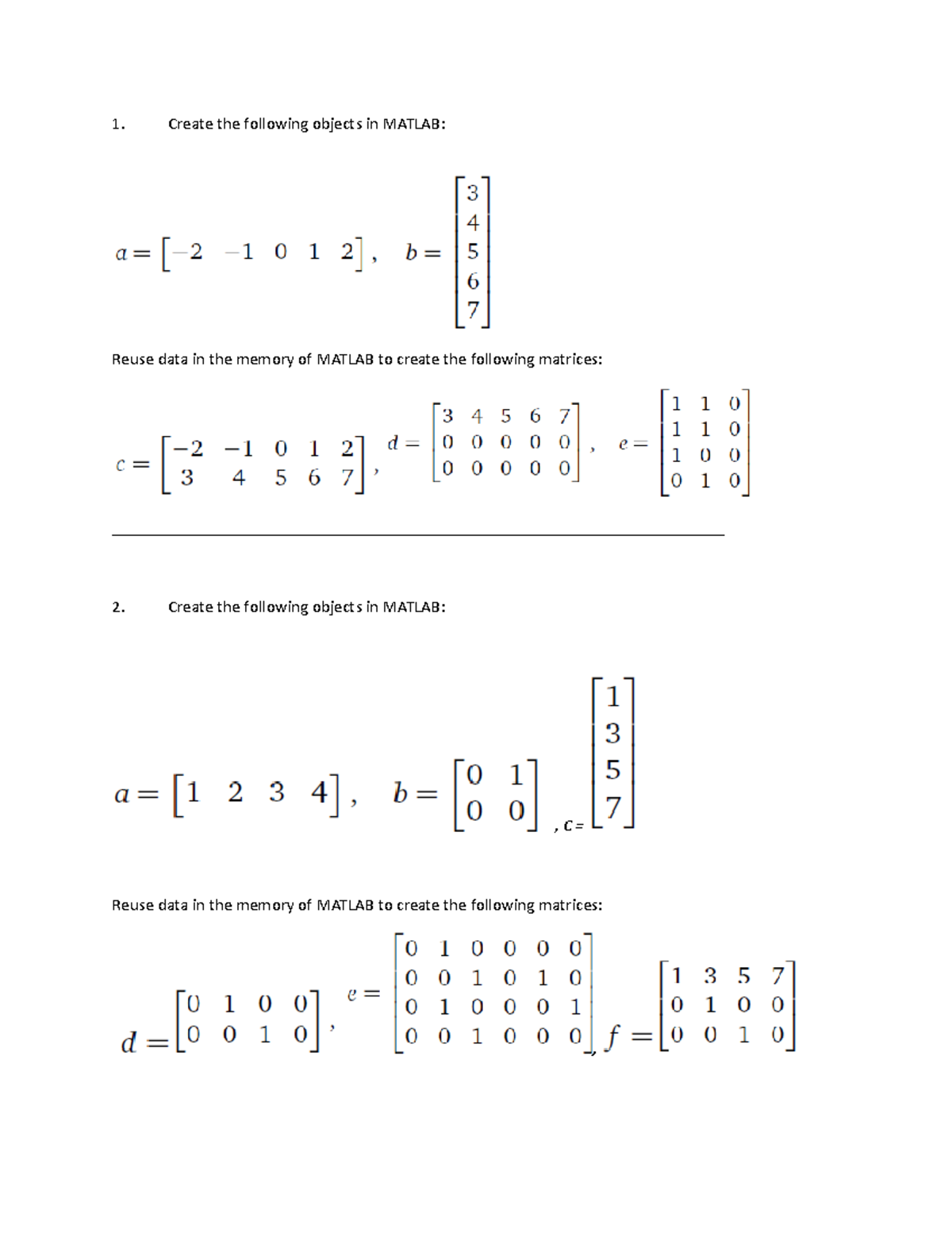 Matlab Task 2 Given By Sir Create The Following Objects In Matlab Reuse Data In The Memory