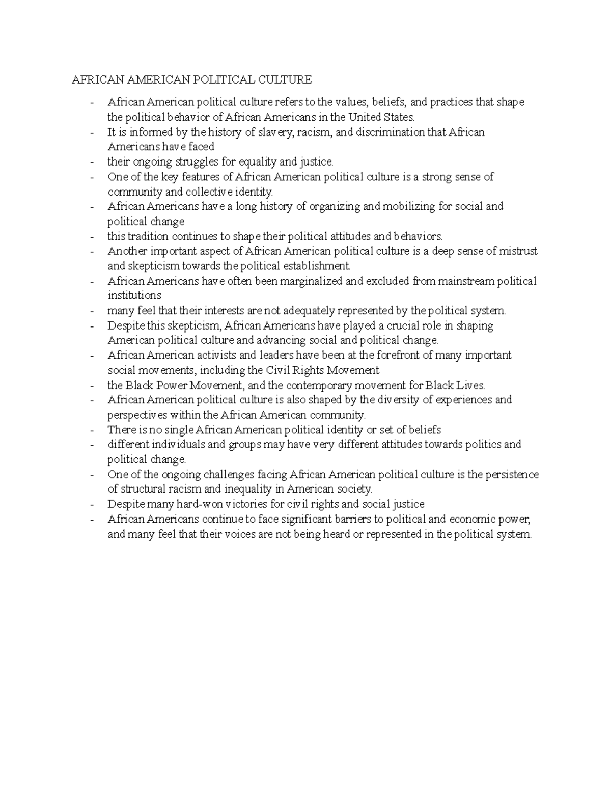 African American Political Culture Notes 1 - AFRICAN AMERICAN POLITICAL ...