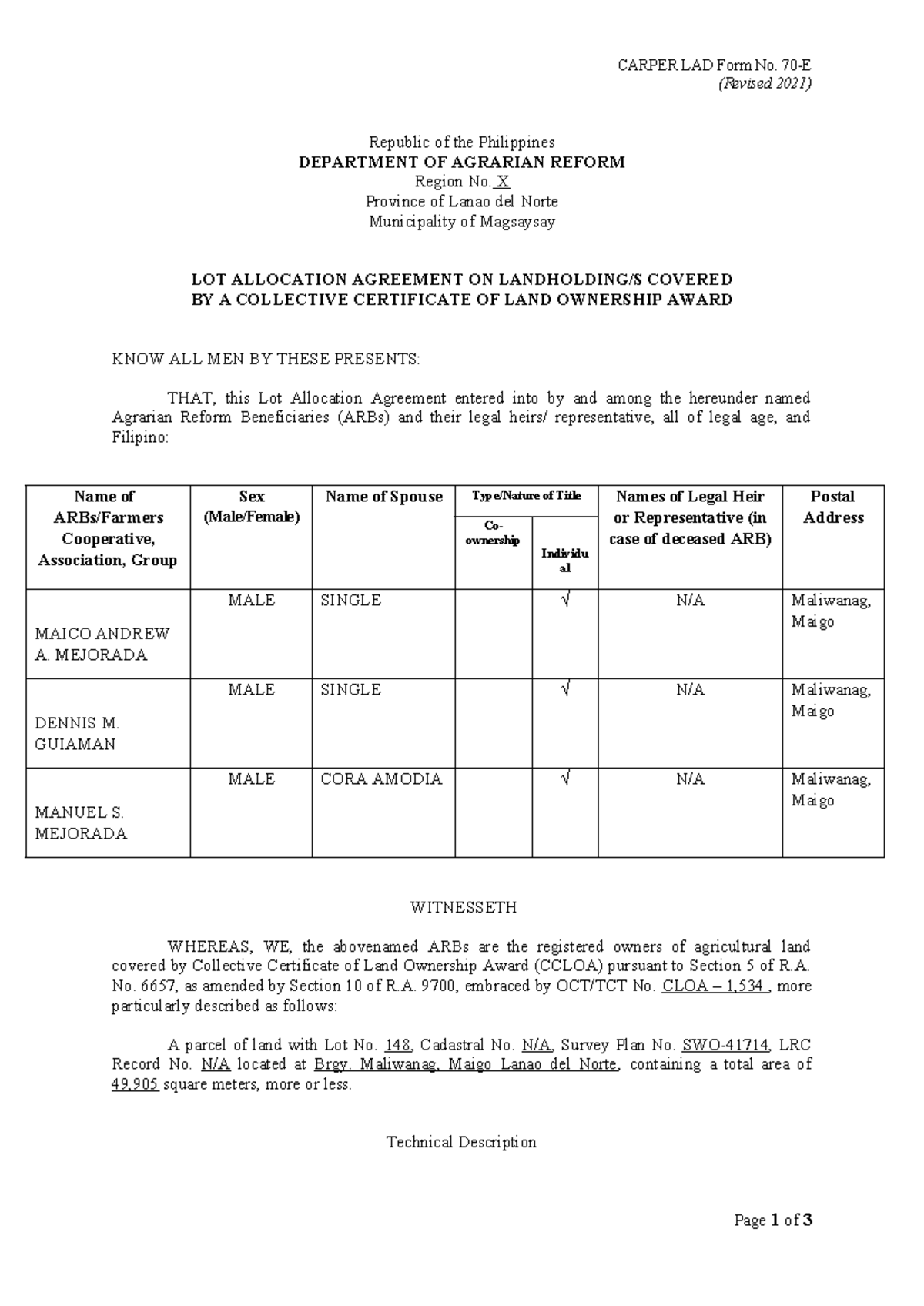 CL 1534 LOT 148 - qwwqw - CARPER LAD Form No. 70-E (Revised 2021 ...