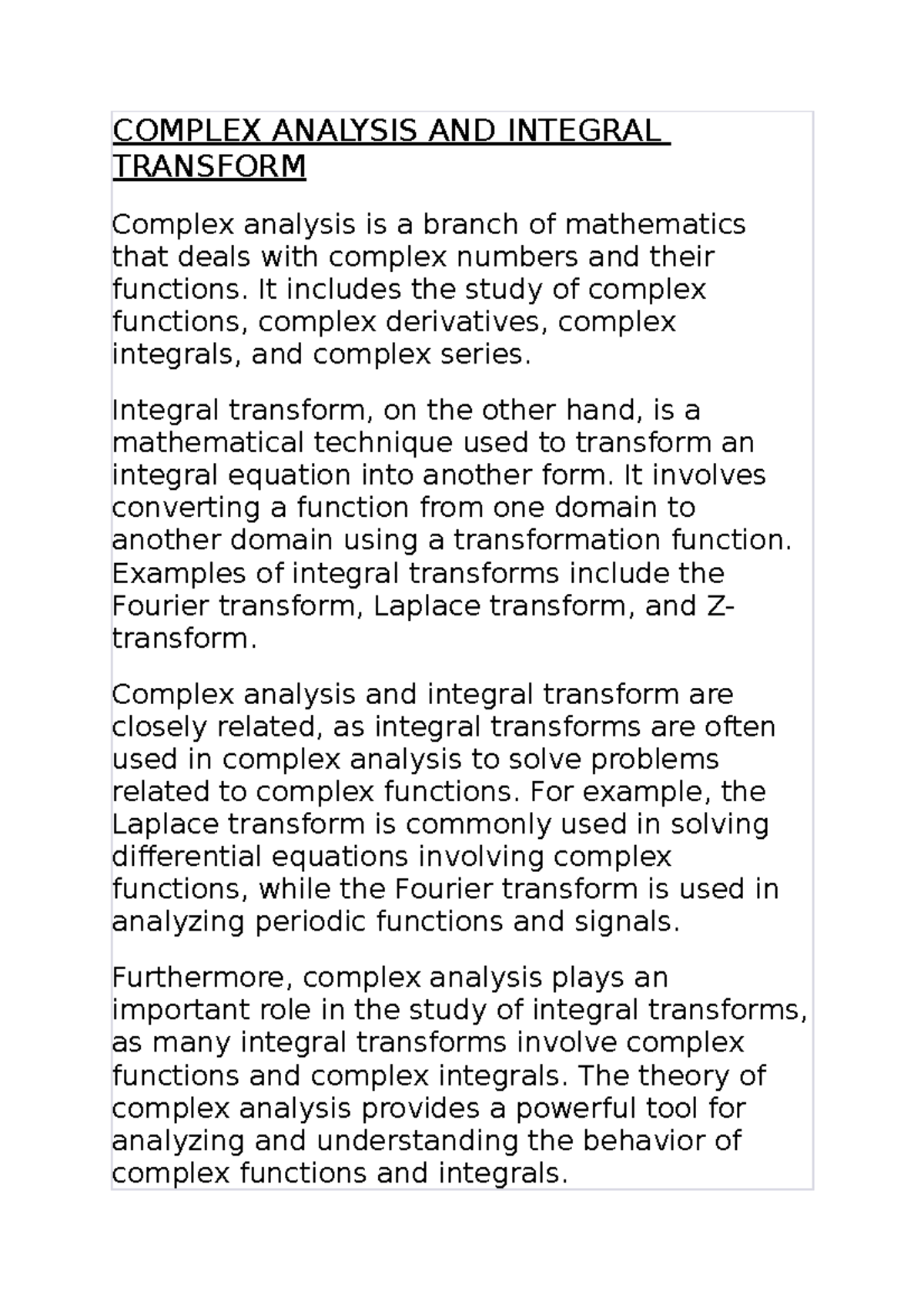 Complex Analysis And Integral Transform Complex Analysis And Integral Transform Complex