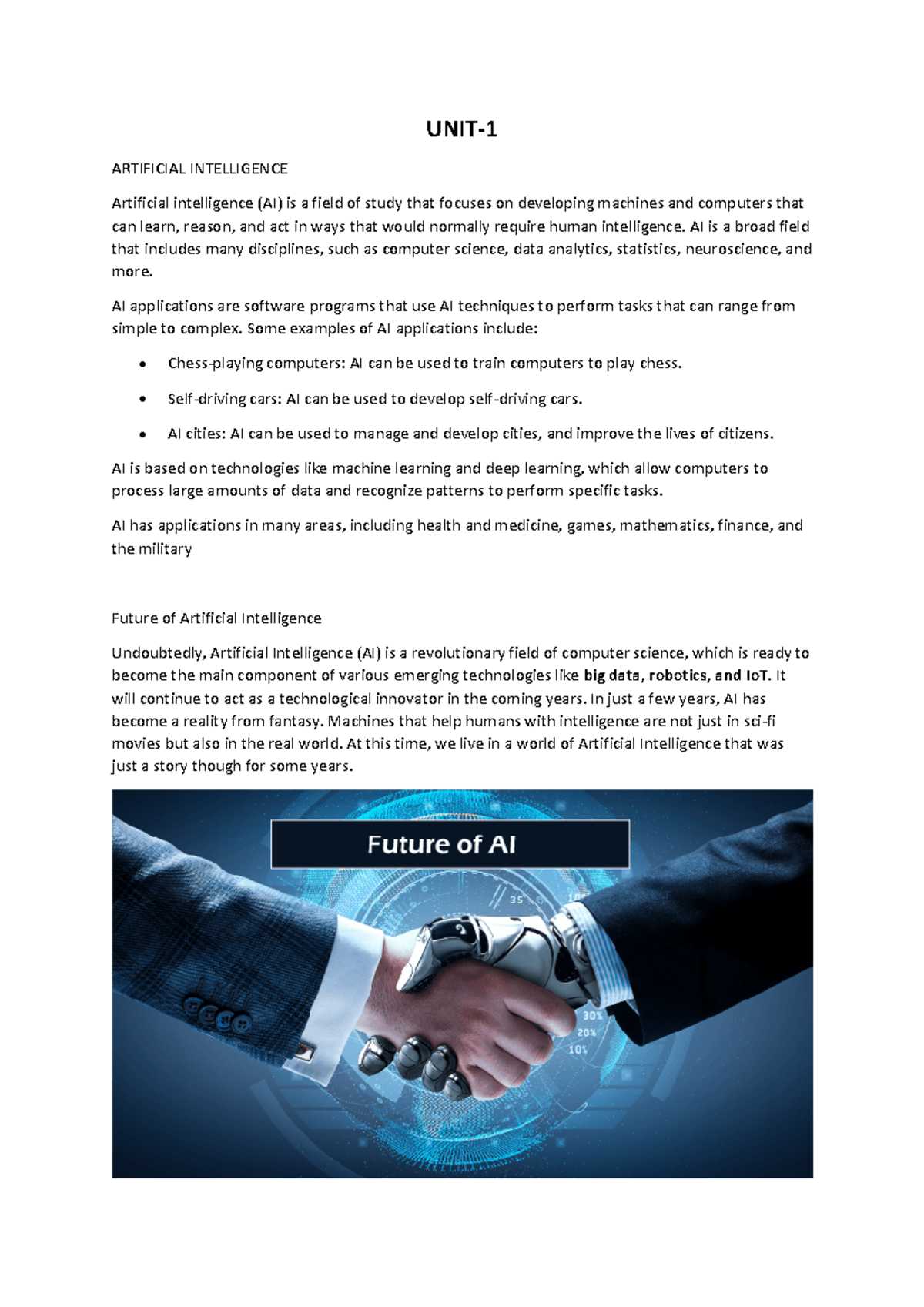 Ai notes - UNIT- ARTIFICIAL INTELLIGENCE Artificial intelligence (AI ...