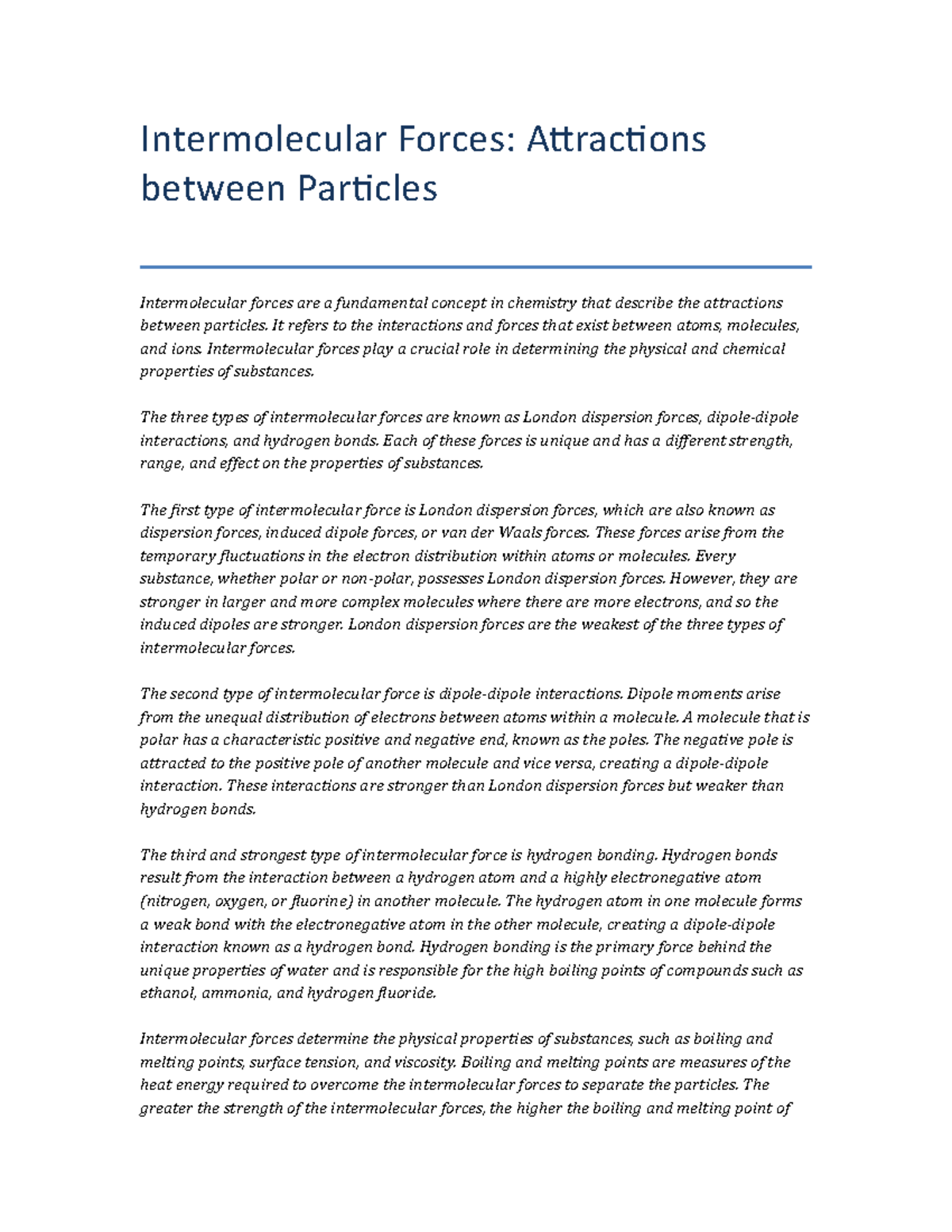 Chemistry 1020 Notes - Intermolecular Forces: Attractions between ...
