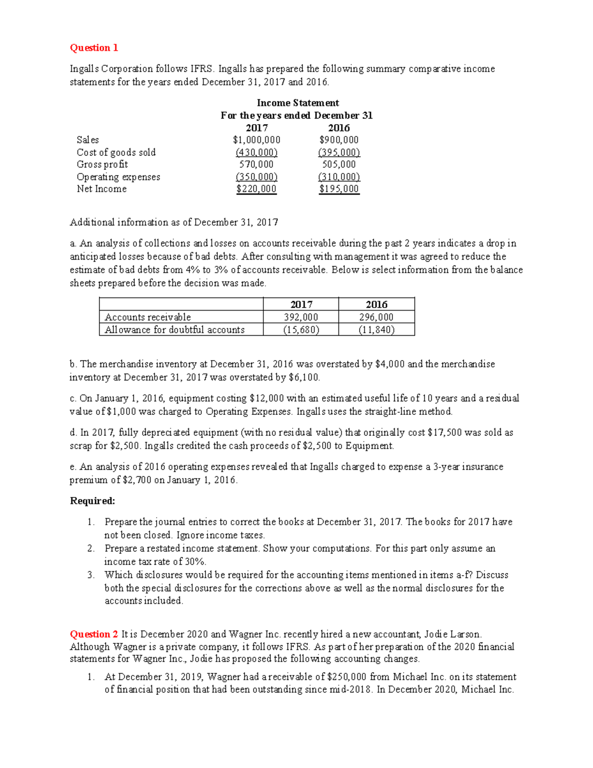 Sample/practice exam 18 August 2020, questions - Question 1 Ingalls ...