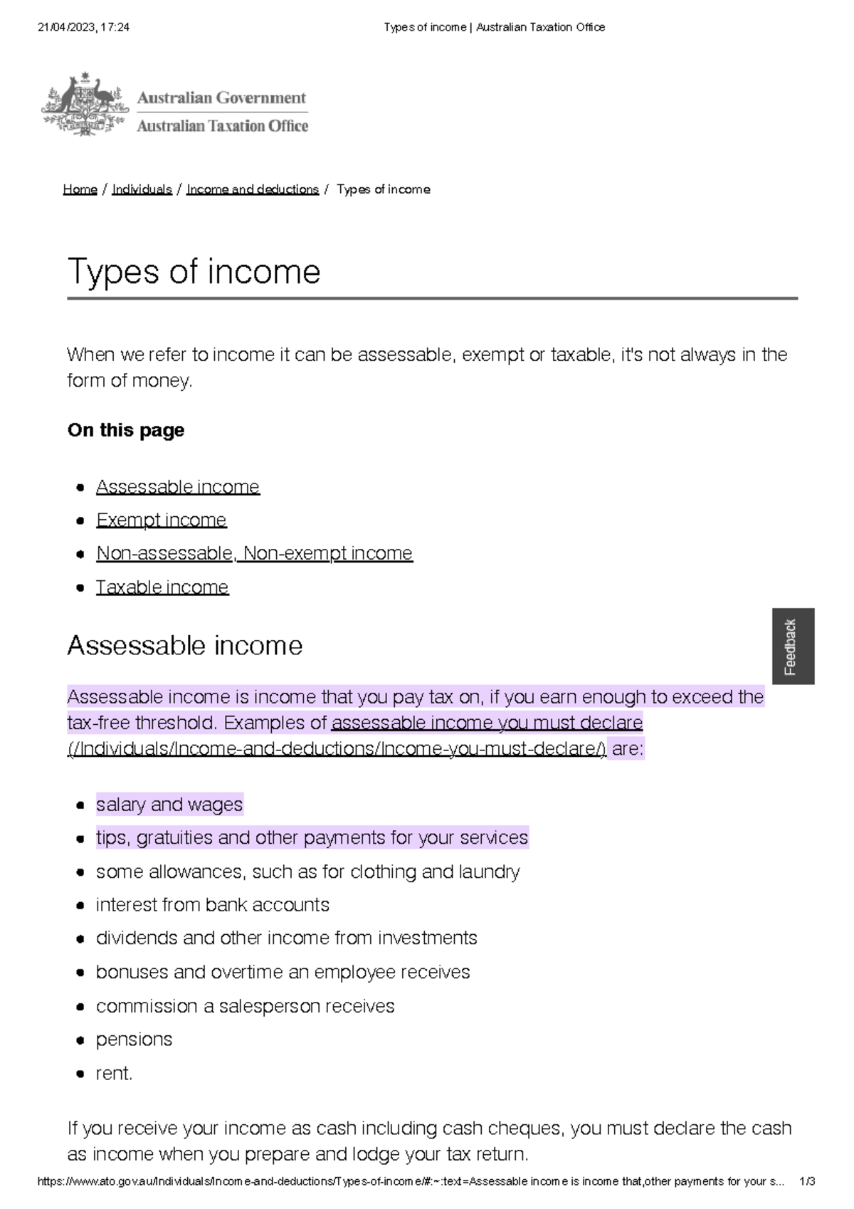 Types of income Australian Taxation Office - 21/04/2023, 17:24 Types of ...