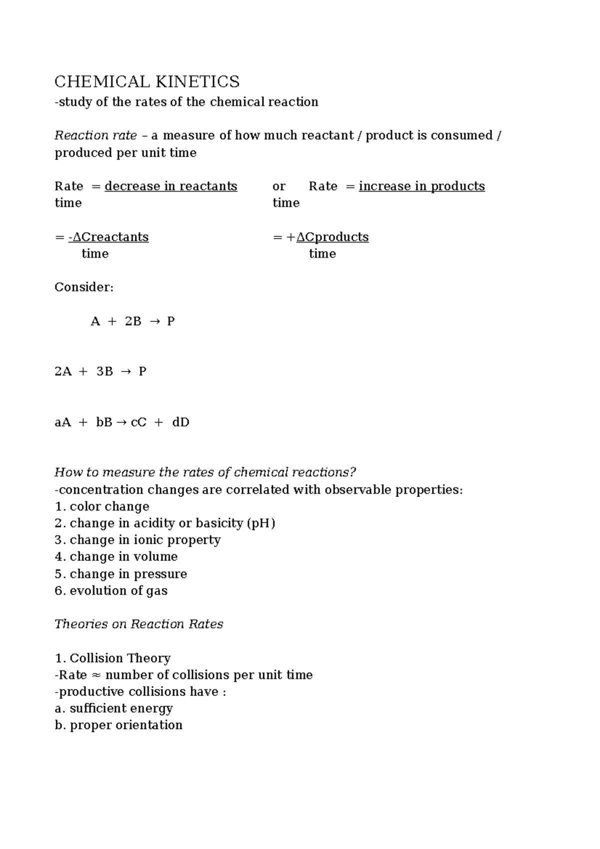 Chemical Kinetics - Lecture notes 2 - CHEMICAL KINETICS -study of the ...