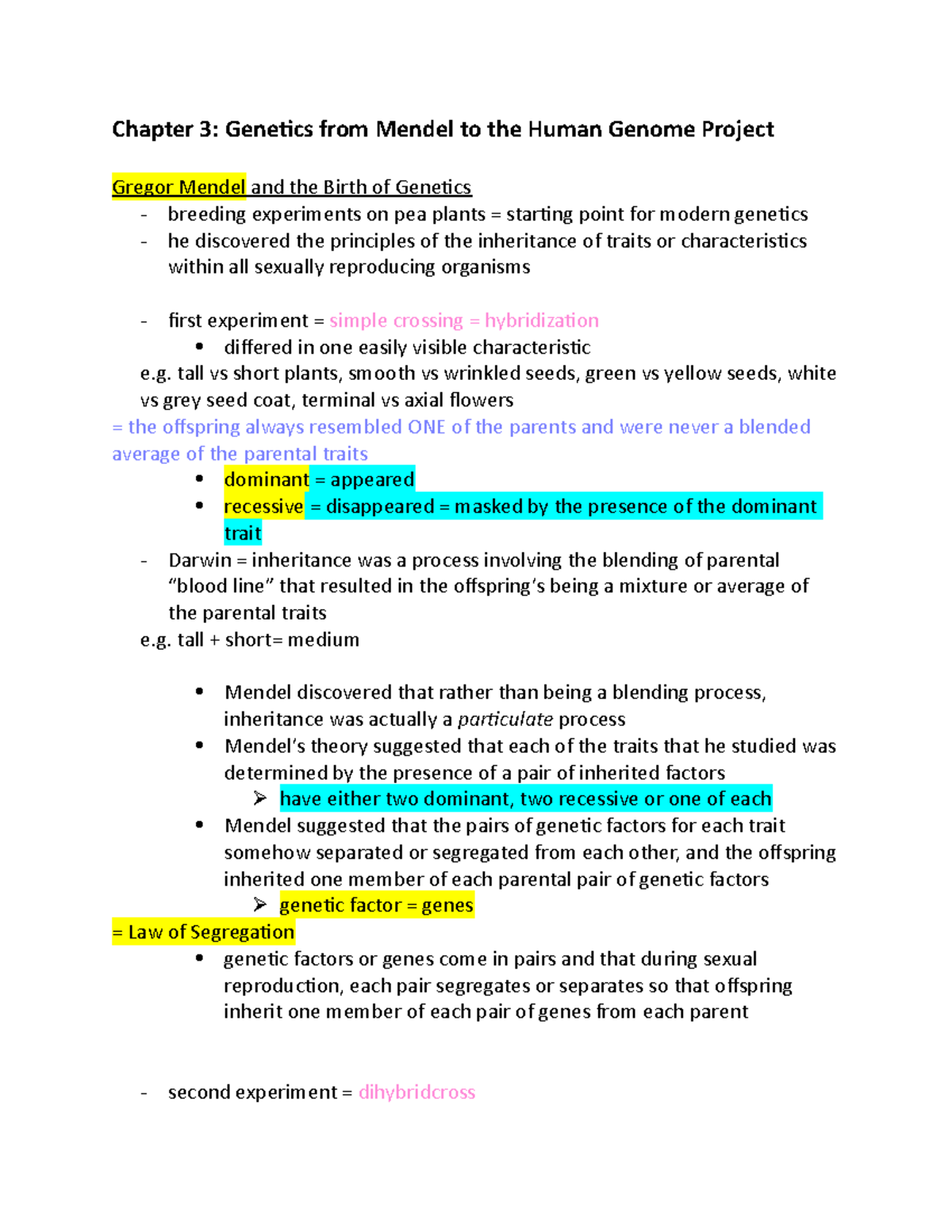 Chapter 3 - notes - Chapter 3: Genetics from Mendel to the Human Genome ...