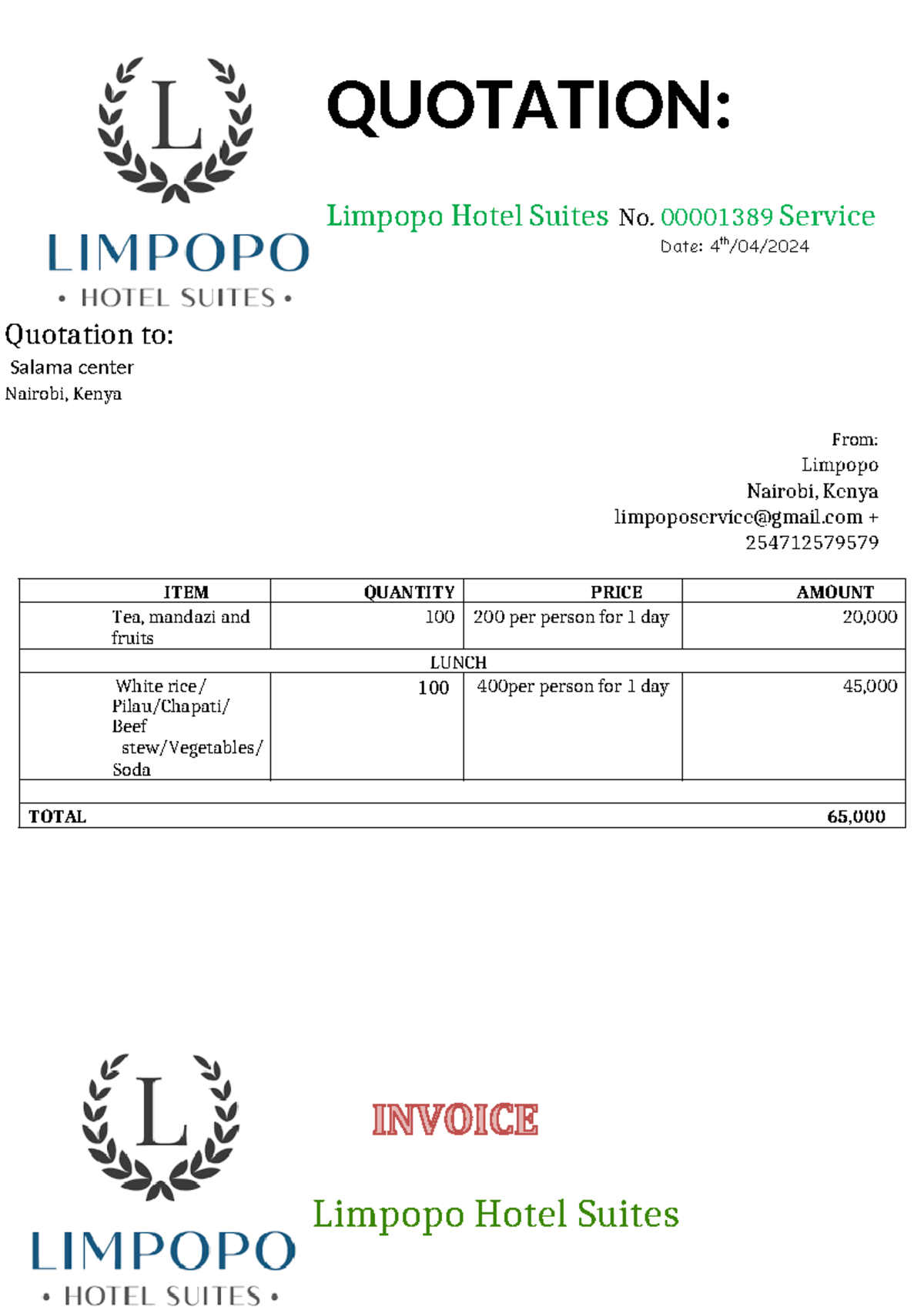 Limpopo - QUOTATION: Limpopo Hotel Suites No. 00001389 Service Date ...