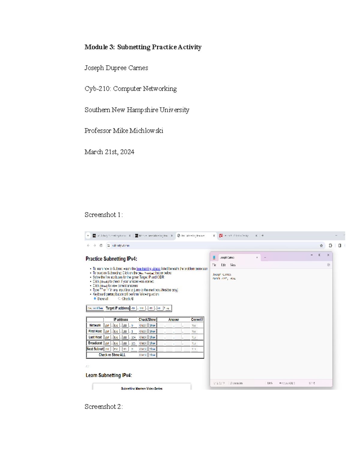 CYB 210 Module 3Subnetting Practice Joseph - CYB210 - Module 3 ...