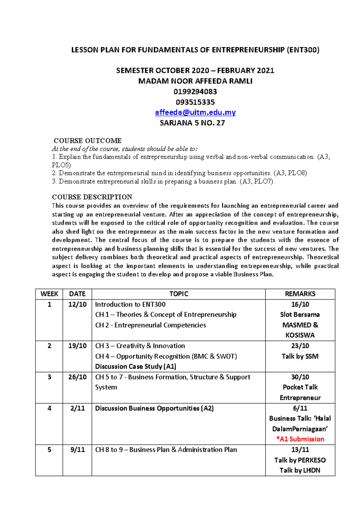 ENT 300 Lesson Plan - LESSON PLAN FOR FUNDAMENTALS OF ENTREPRENEURSHIP (ENT300) SEMESTER OCTOBER ...