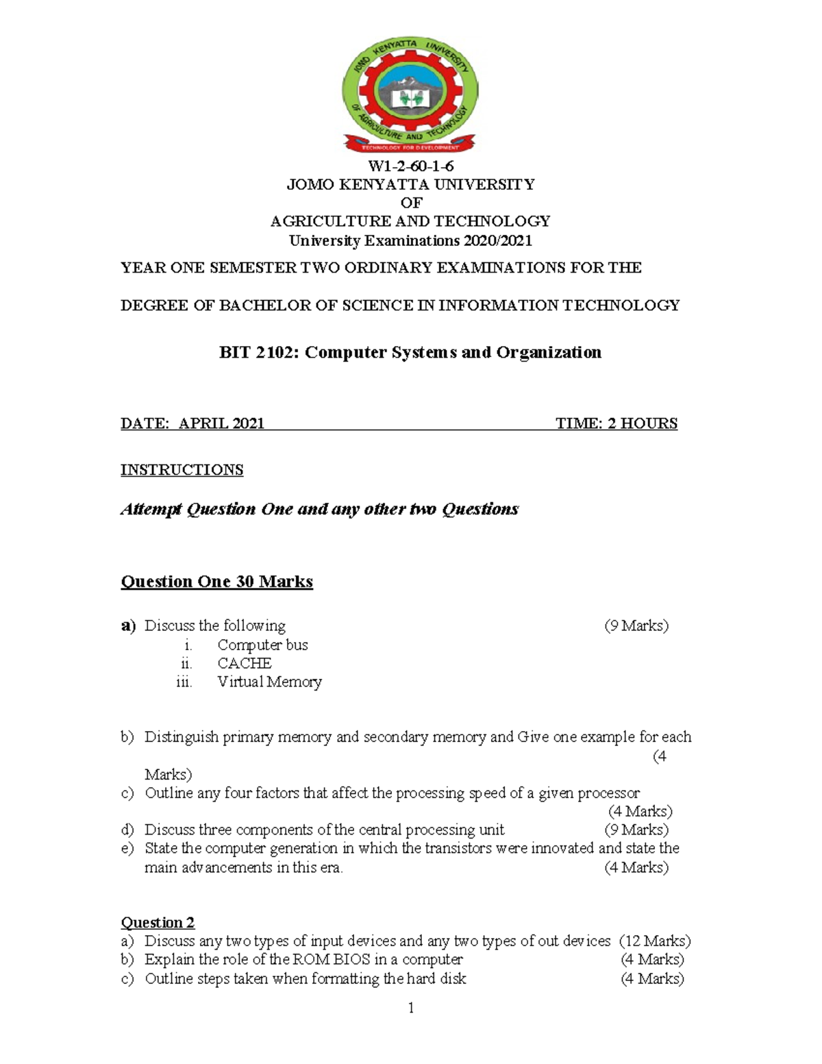 BIT 2102 Computer Systems AND Organisation March 2021 - W1-2-60-1- JOMO ...