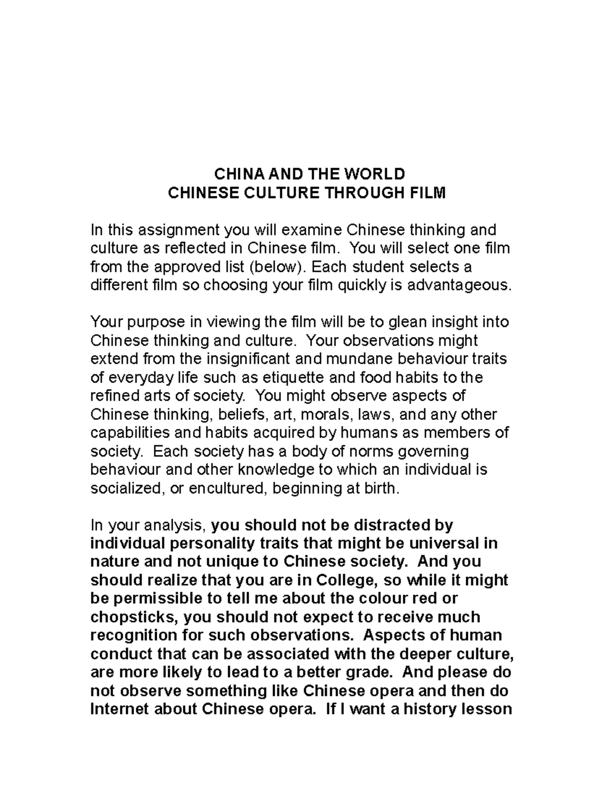 1. China AND THE World FILM Assignment - Summer 2022 - CHINA AND THE ...