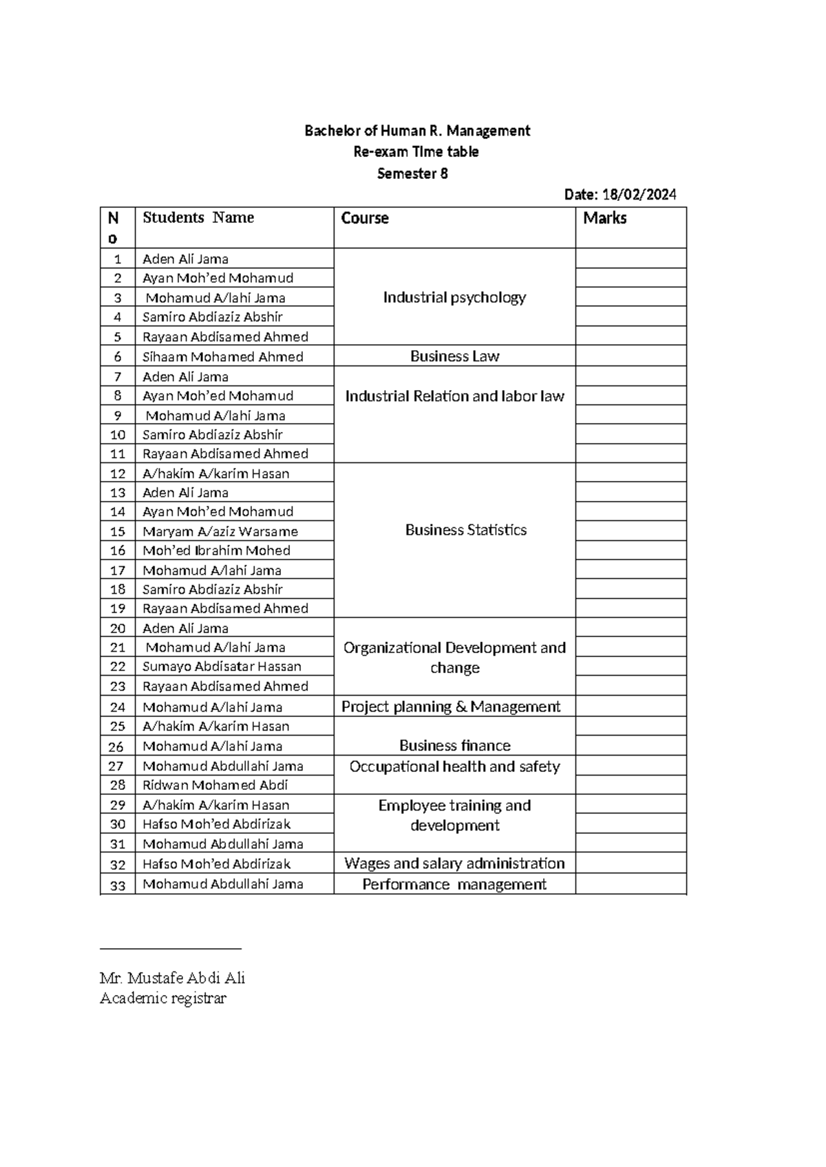 HRM RE EXAM - asc - Bachelor of Human R. Management Re-exam Time table ...