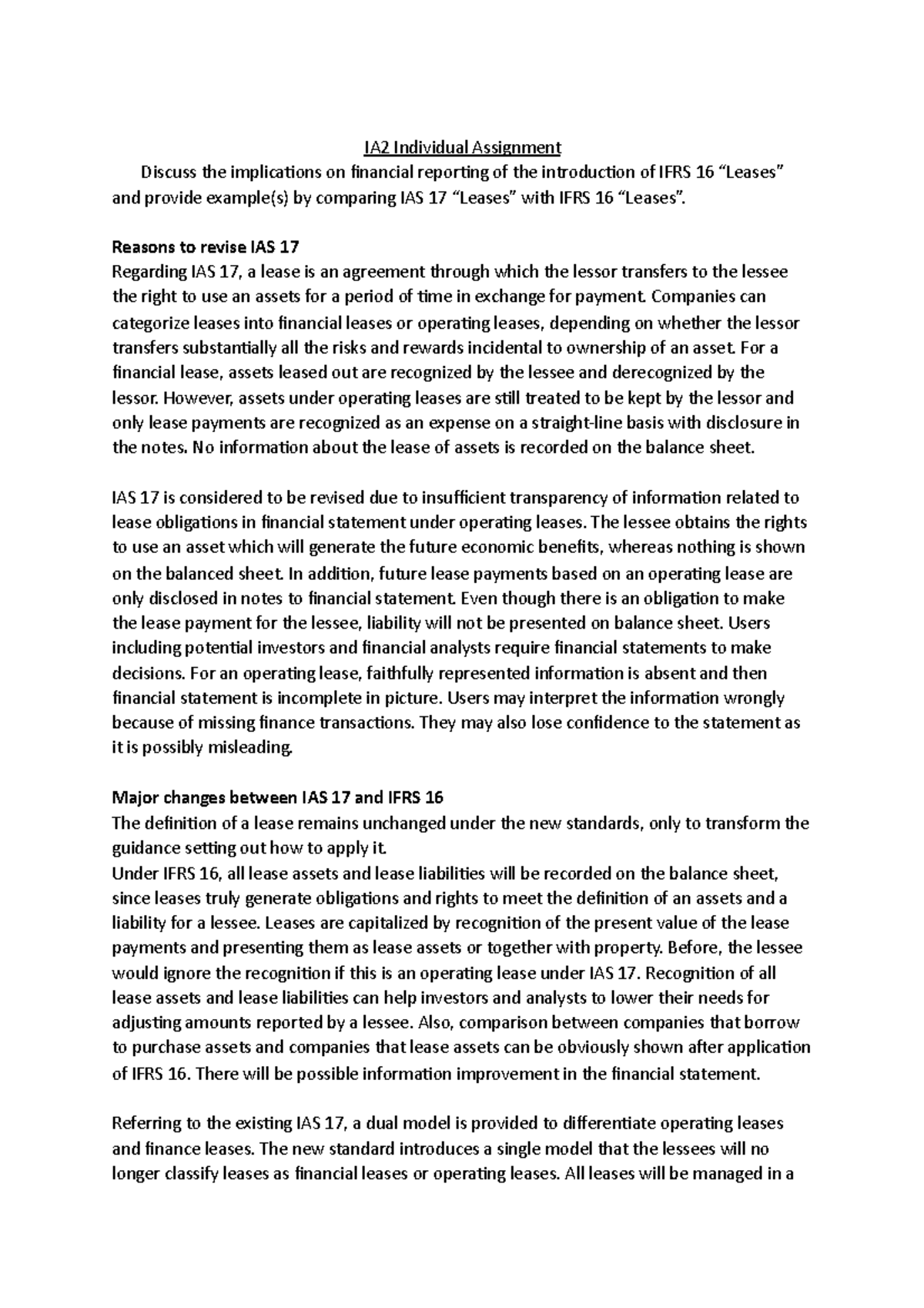IA2 Individual Assignment - IA2 Individual Assignment Discuss the implica5ons on ﬁnancial - Studocu