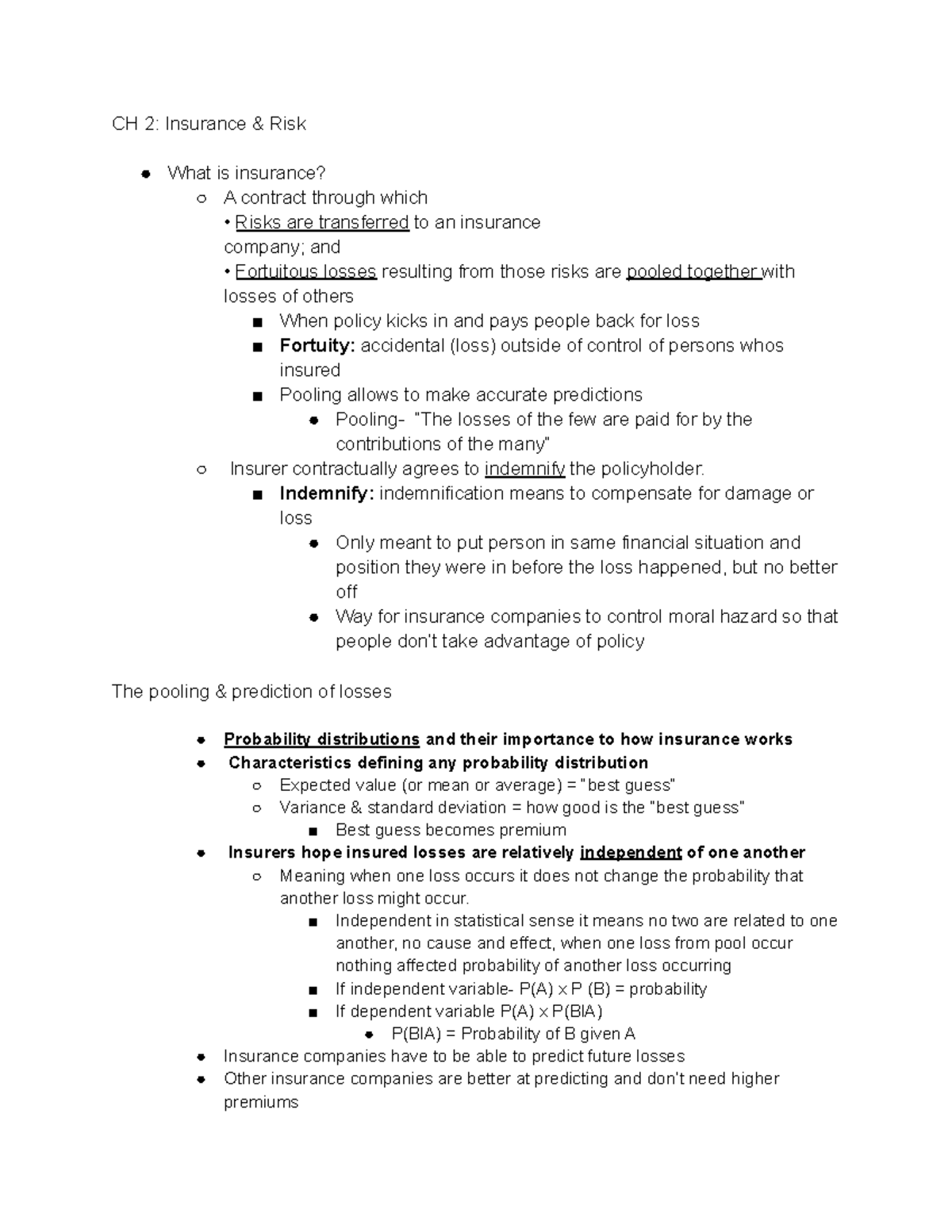 RMI 320- WEEK 2 Notes - insurance and risk - CH 2: Insurance & Risk ...