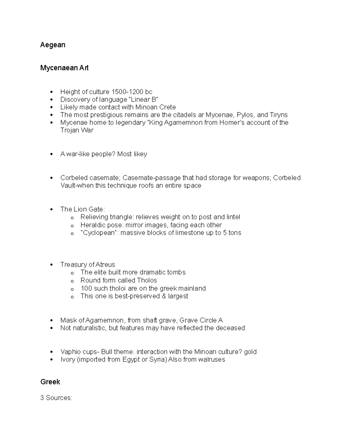 Notes Exam 2 - Aegean Mycenaean Art Height of culture 1500-1200 bc ...