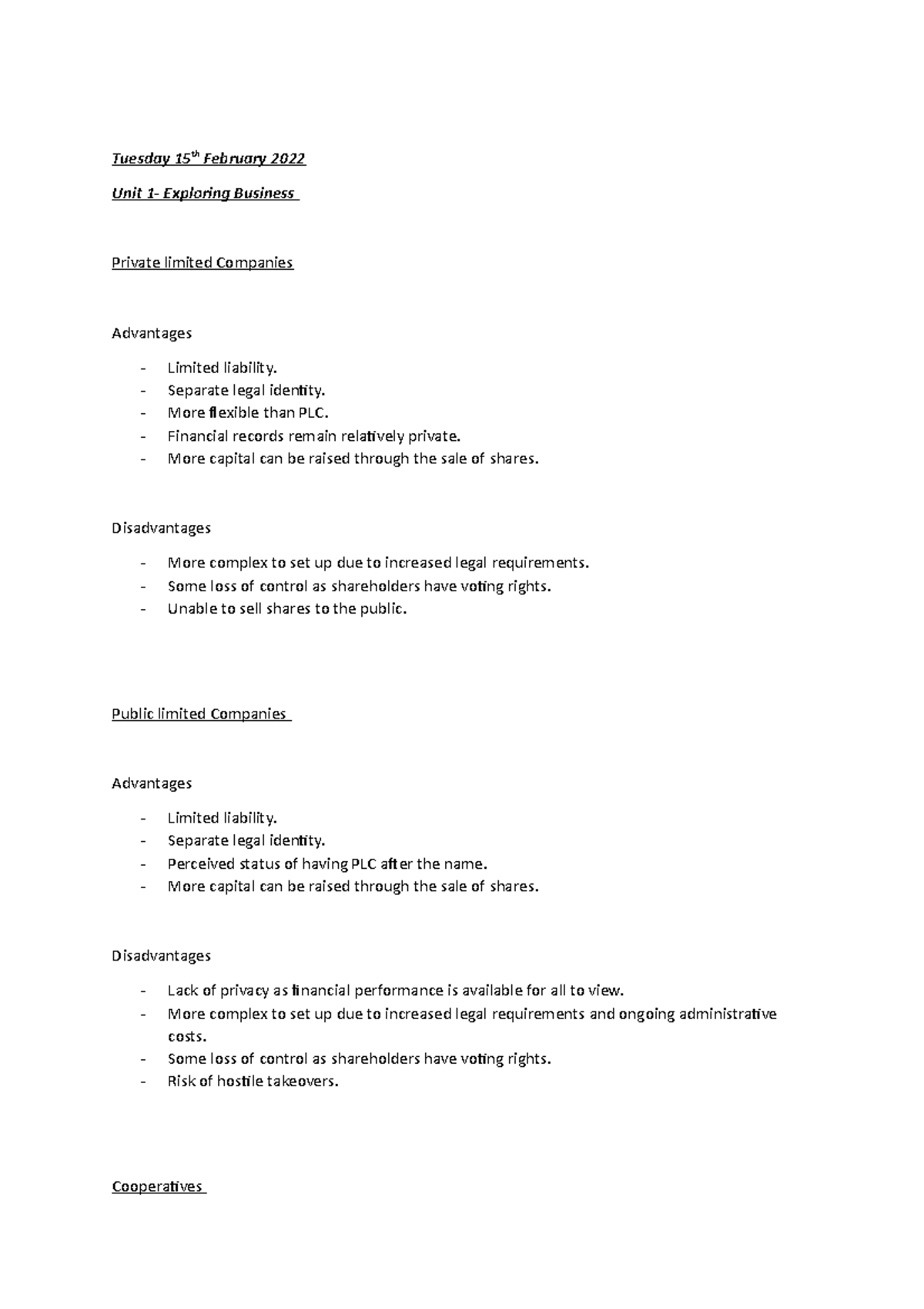 Features of a Business - Lecture notes 1 - Tuesday 15 th February 2022 ...