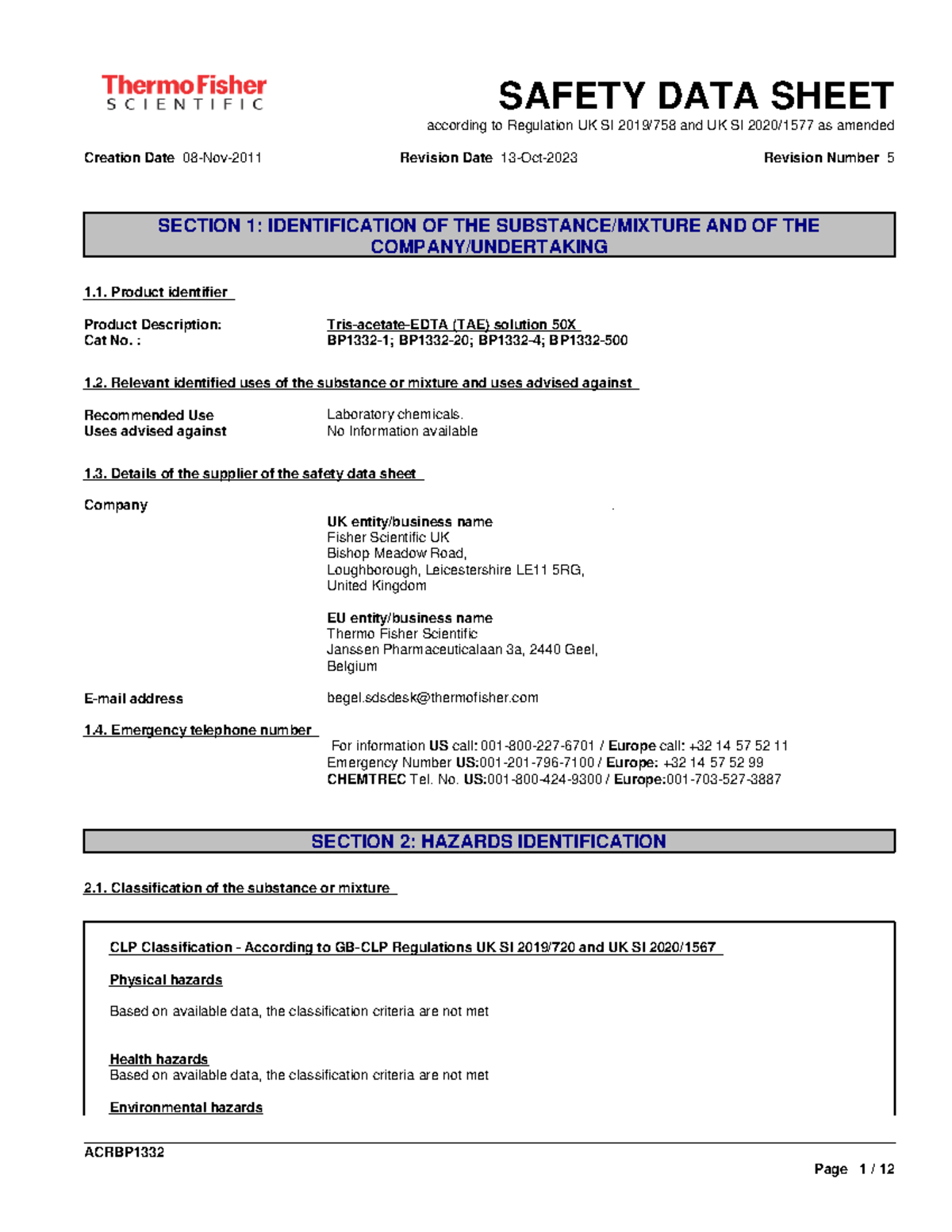 TAE buffer msds - according to Regulation UK SI 2019/758 and UK SI 2020 ...