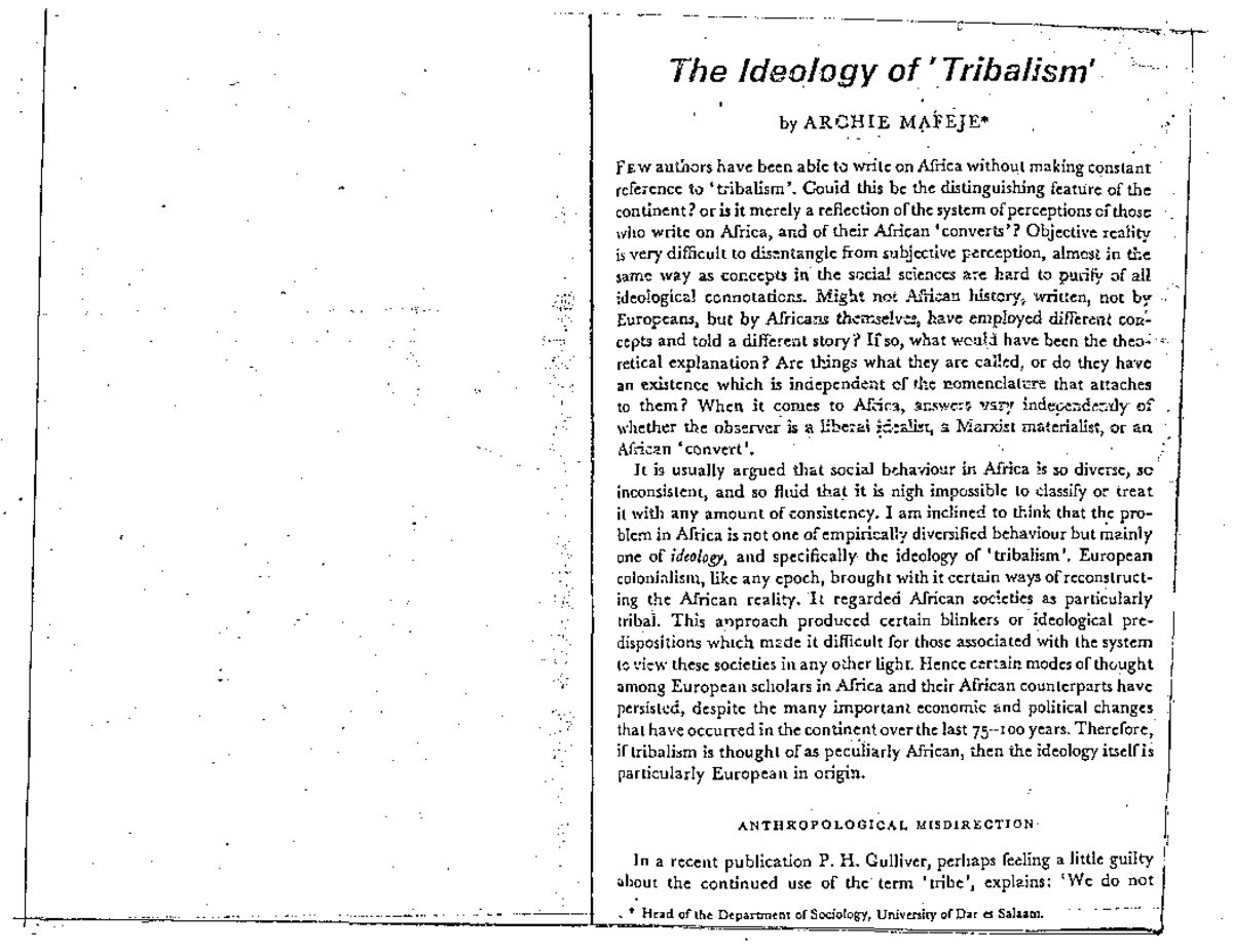 Mafeje - The ldeolsgy of 'Tribalkm' - I FEWauthors have becn able ti ...
