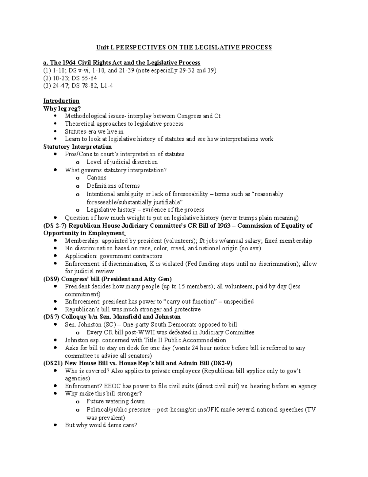 Legislation Law Outline - 2 - Unit I. PERSPECTIVES ON THE LEGISLATIVE ...