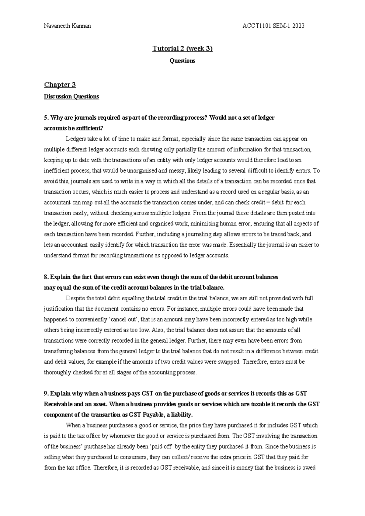 Accounting Tutorial Work Wk 2 - Tutorial 2 (week 3) Questions Chapter 3 Discussion Questions 5 ...