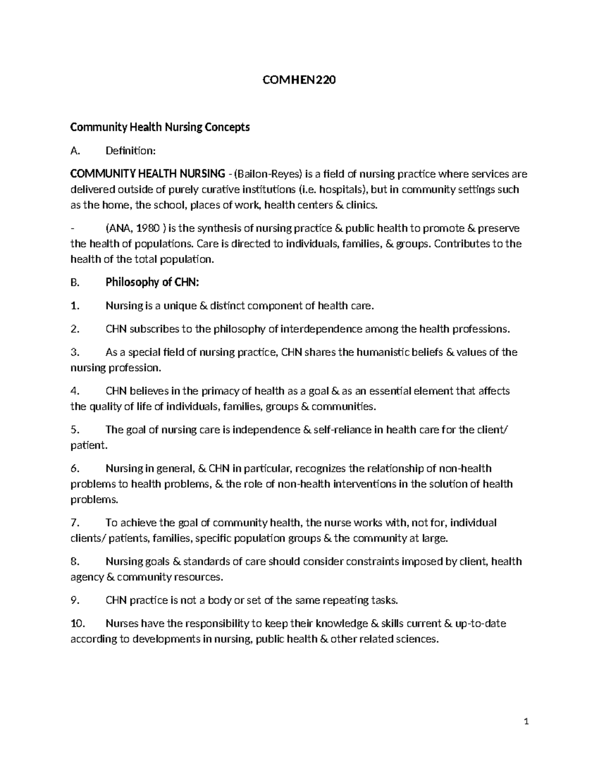 Comhen 220 notes 1-1 - COMHEN Community Health Nursing Concepts A ...