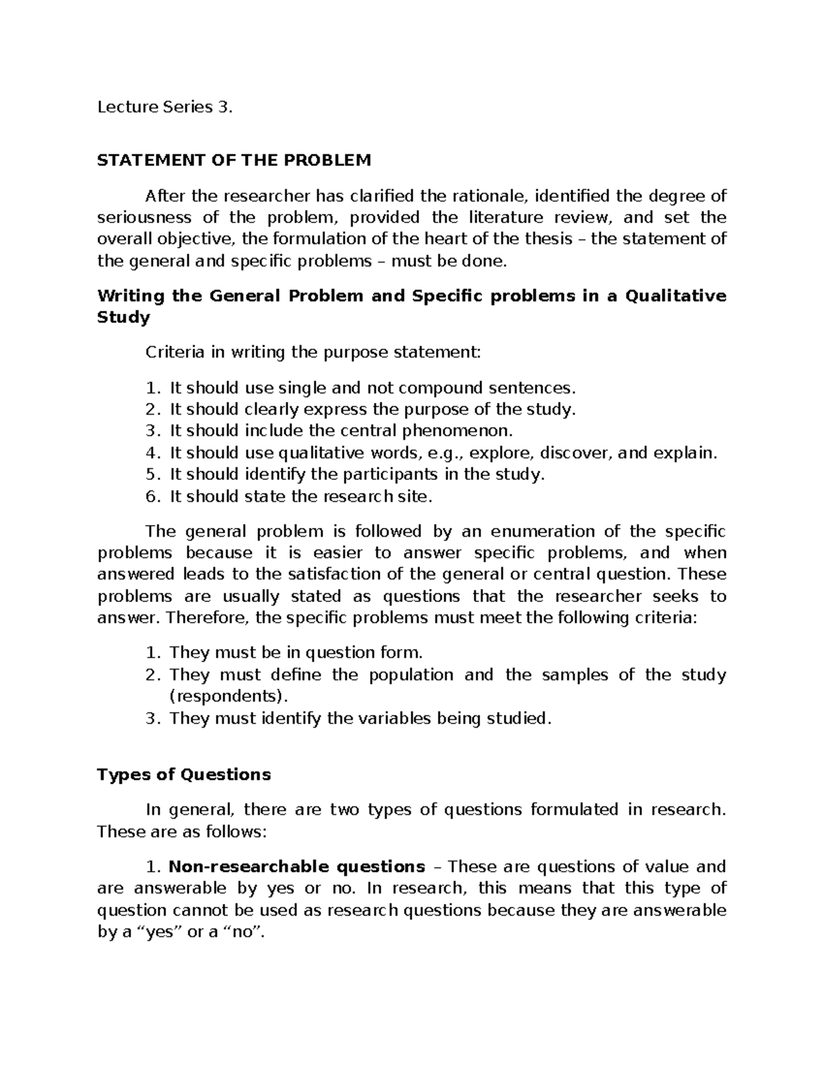 Lecture Series 3 in Research - Lecture Series 3. STATEMENT OF THE ...