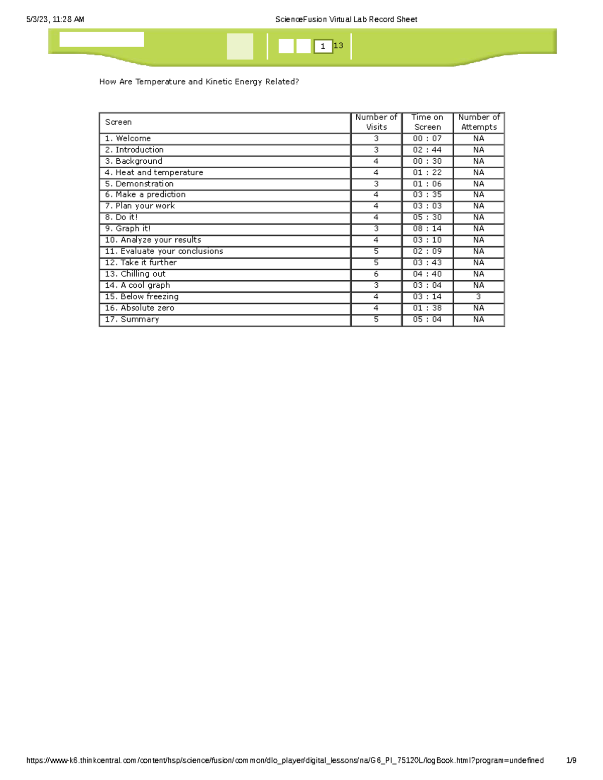 Science Fusion Virtual Lab Record Sheet - How Are Temperature and ...