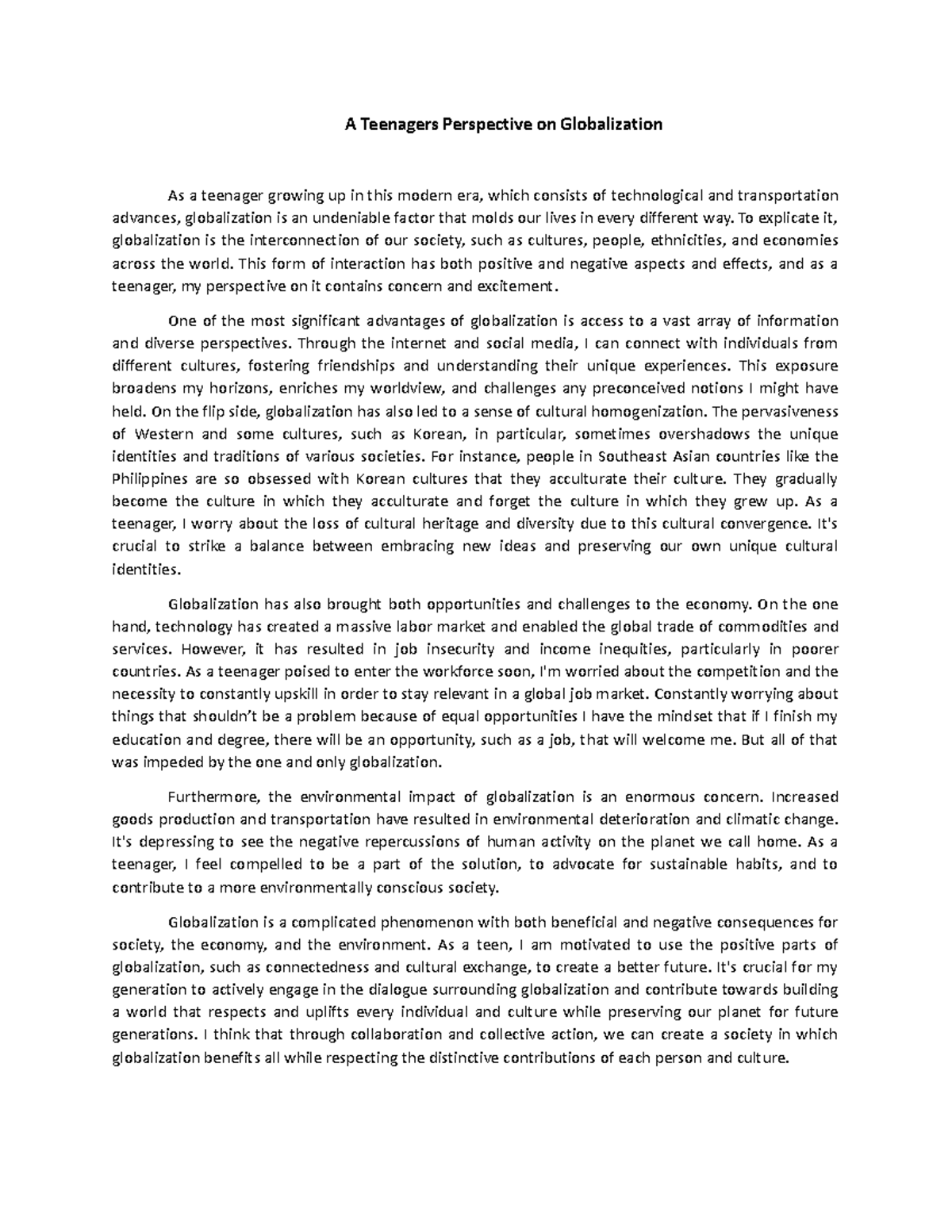 A Teenagers Perspective on Globalization - To explicate it ...