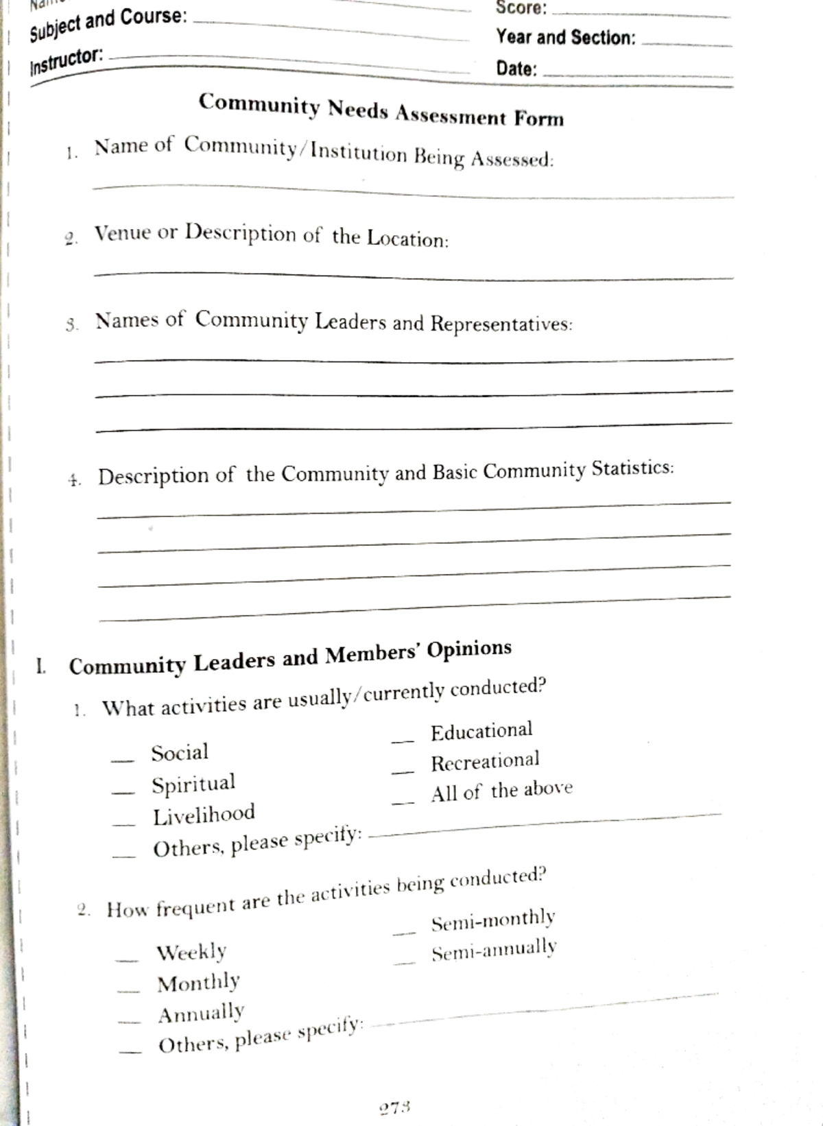 Community Needs Assessment Form - Subject and Course: Score: Year and ...