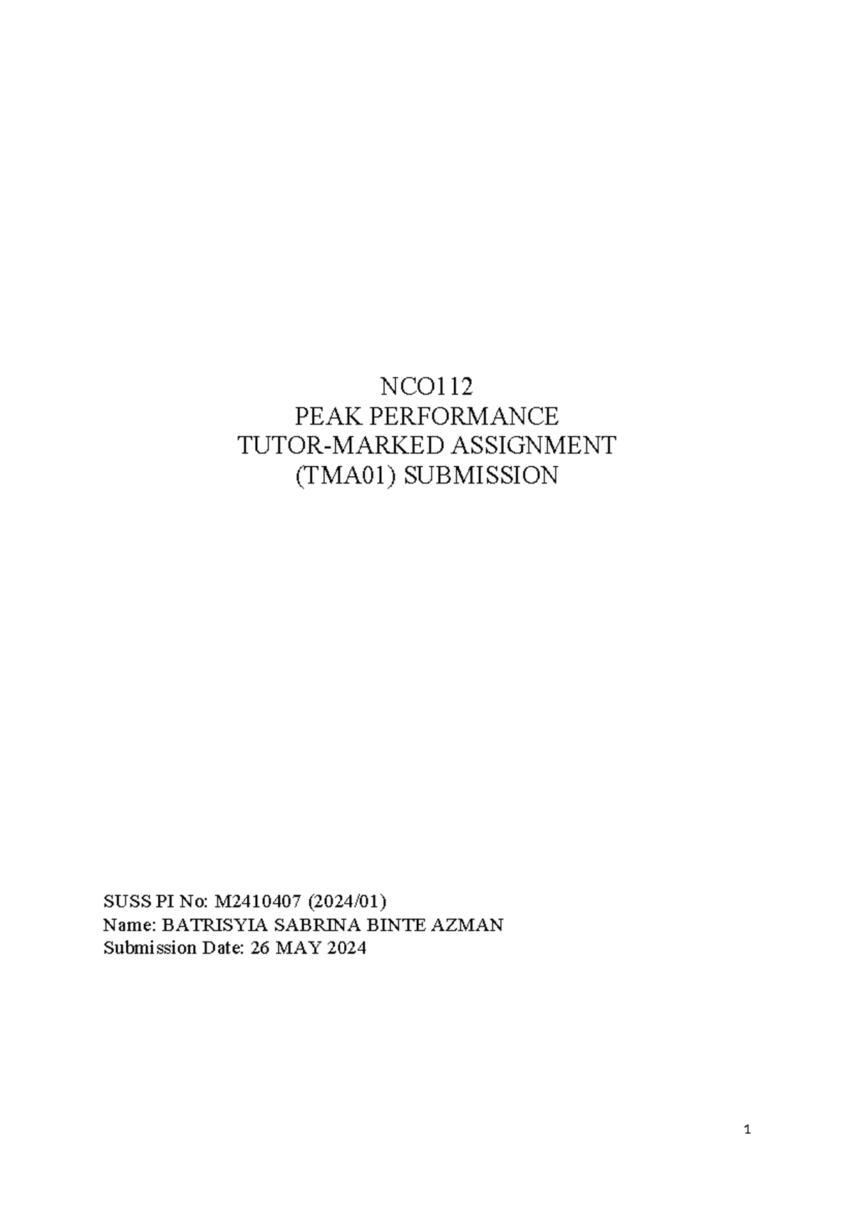 NCO112 TMA01 Batrisyia Sabrina 001 Batrisyia Sabrina Binte Azman - NCO PEAK PERFORMANCE TUTOR ...