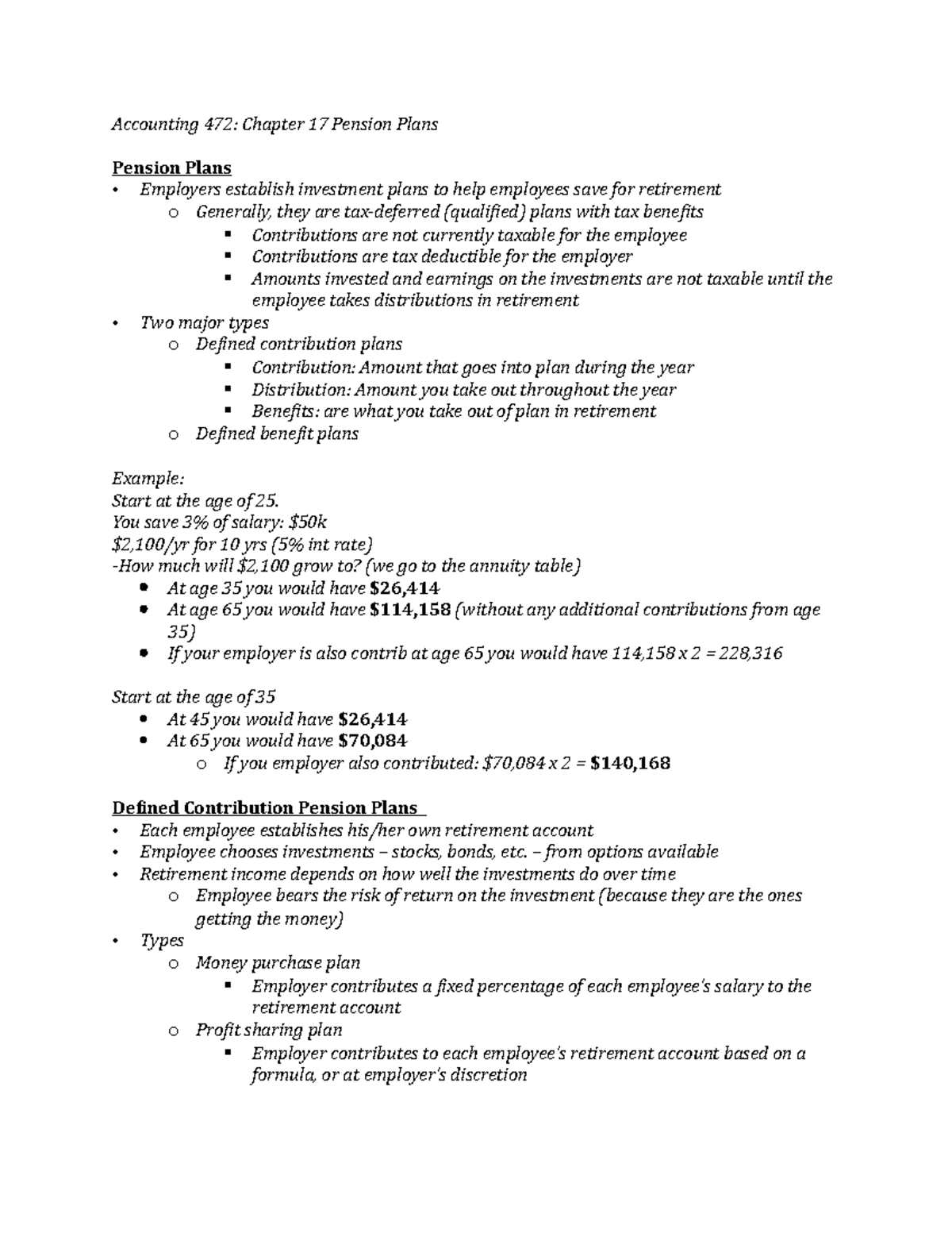 ACCTG 472 Ch 17 Pension Plans - Accounting 472: Chapter 17 Pension Plans Pension Plans Employers ...