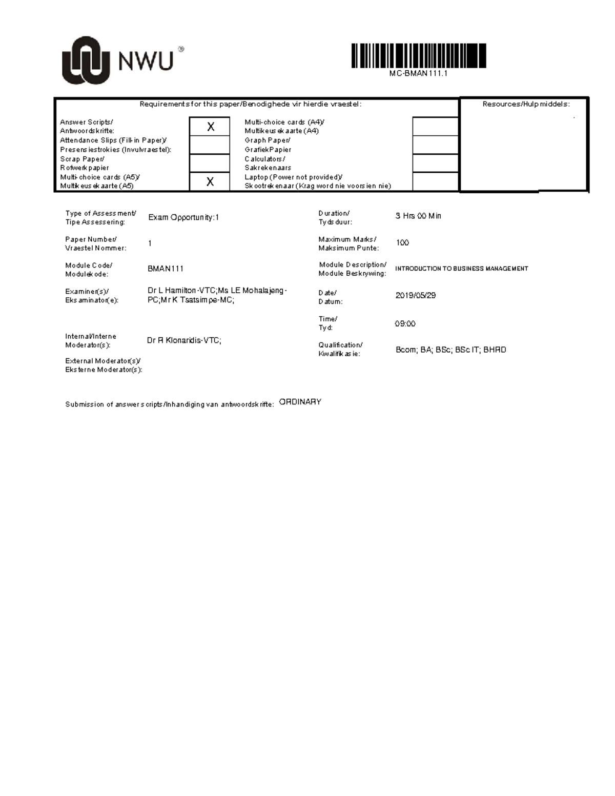 Bman111 mcjun 2019 - Type of Assessment/ Tipe Assessering: Duration ...