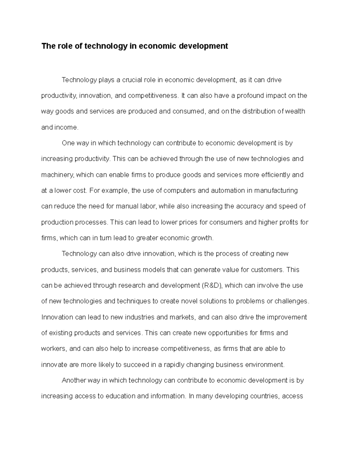 The role of technology in economic development, improvement ...