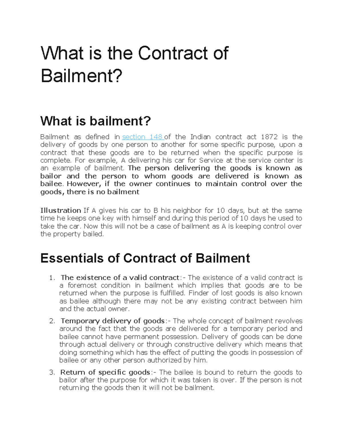 What Is The Contract Of Bailment Contract Law II Studocu