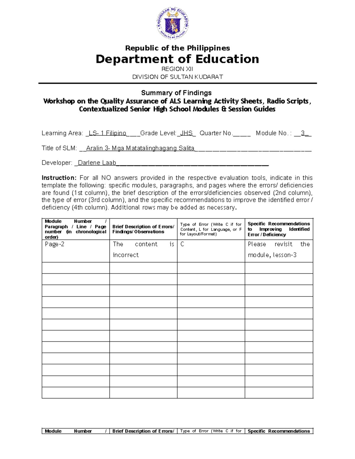 Summary OF Findings LS 1 Filipino - Department of Education REGION XII ...