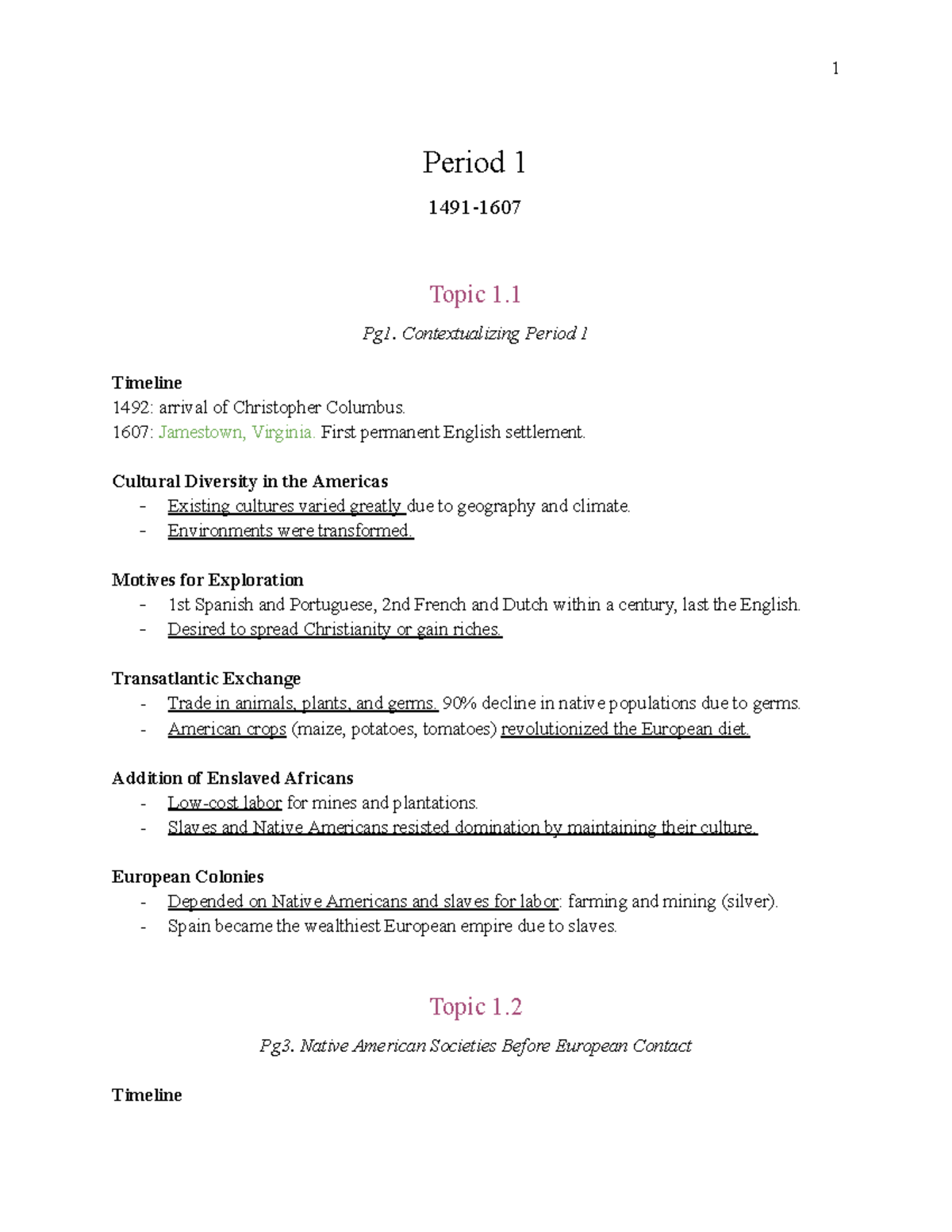 Period 1 and 2 Apush Notes - Period 1 1491- Topic 1. Pg1 ...