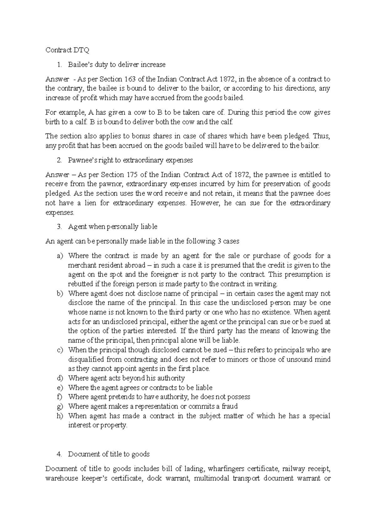 Contract DTQ - QUESTION BANK OF MUMBAI UNIVERSITY - Contract DTQ Bailee ...