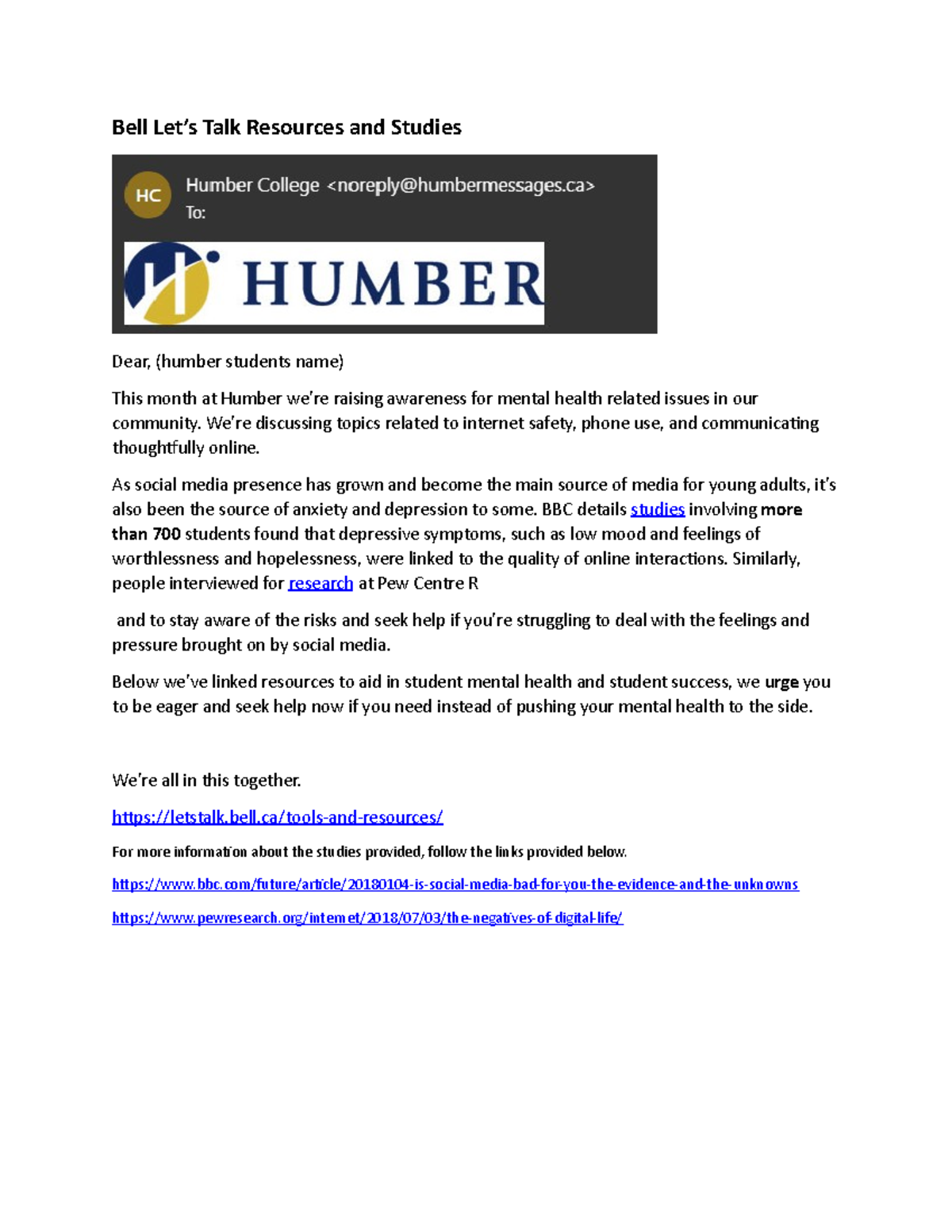 Email Assignment - Copy - Bell Let’s Talk Resources and Studies Dear ...