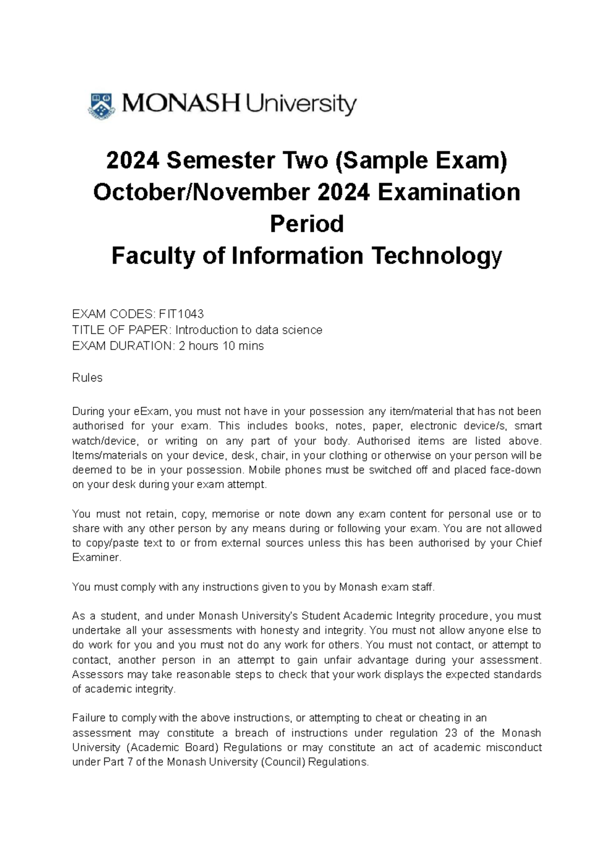FIT1043 Sample Exam with Solutions S2 2024 - 2024 Semester Two (Sample ...
