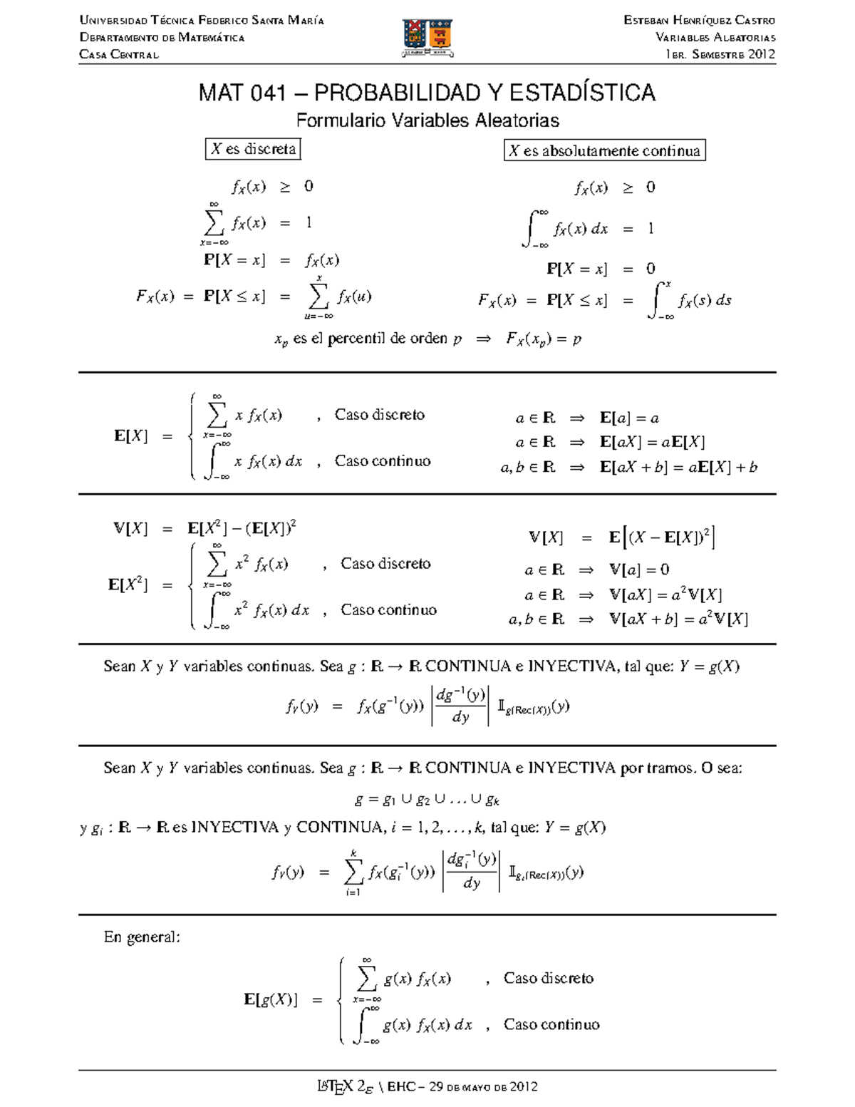 Formulario variables aleatorias - Universidad T´ecnica Federico Santa Mar´ıa Departamento de ...