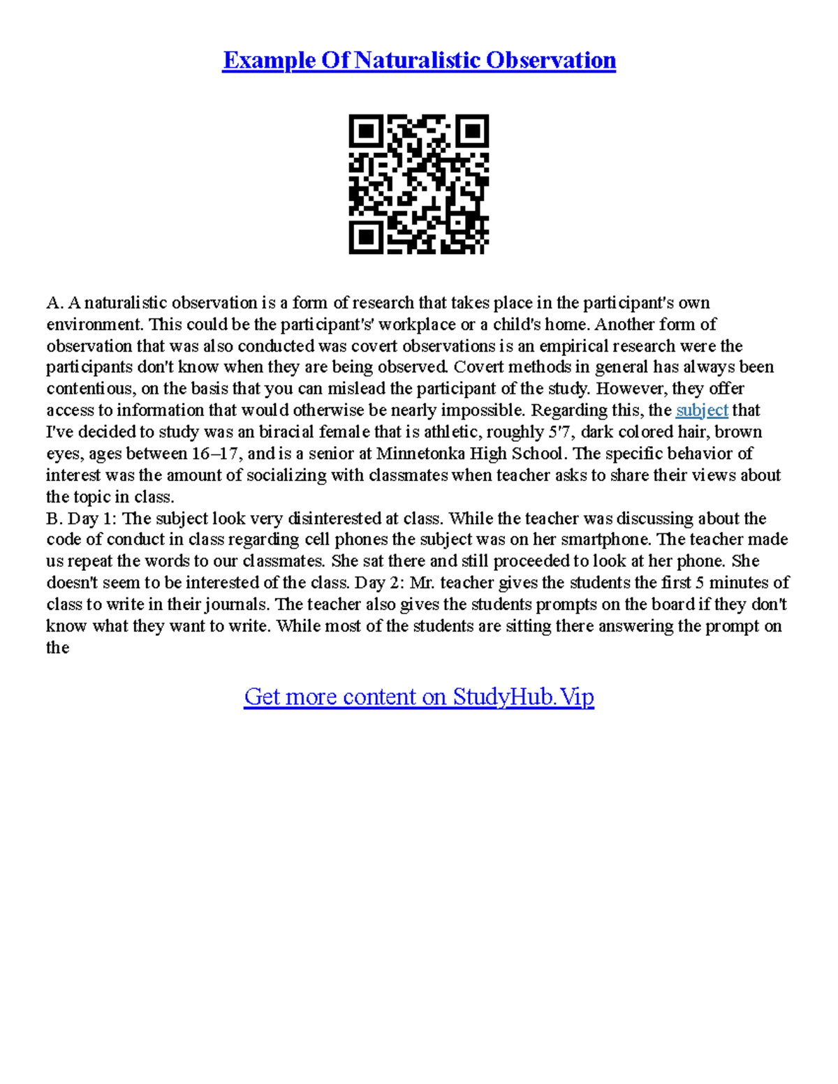 Naturalistic Observation Essay - Example Of Naturalistic Observation A ...