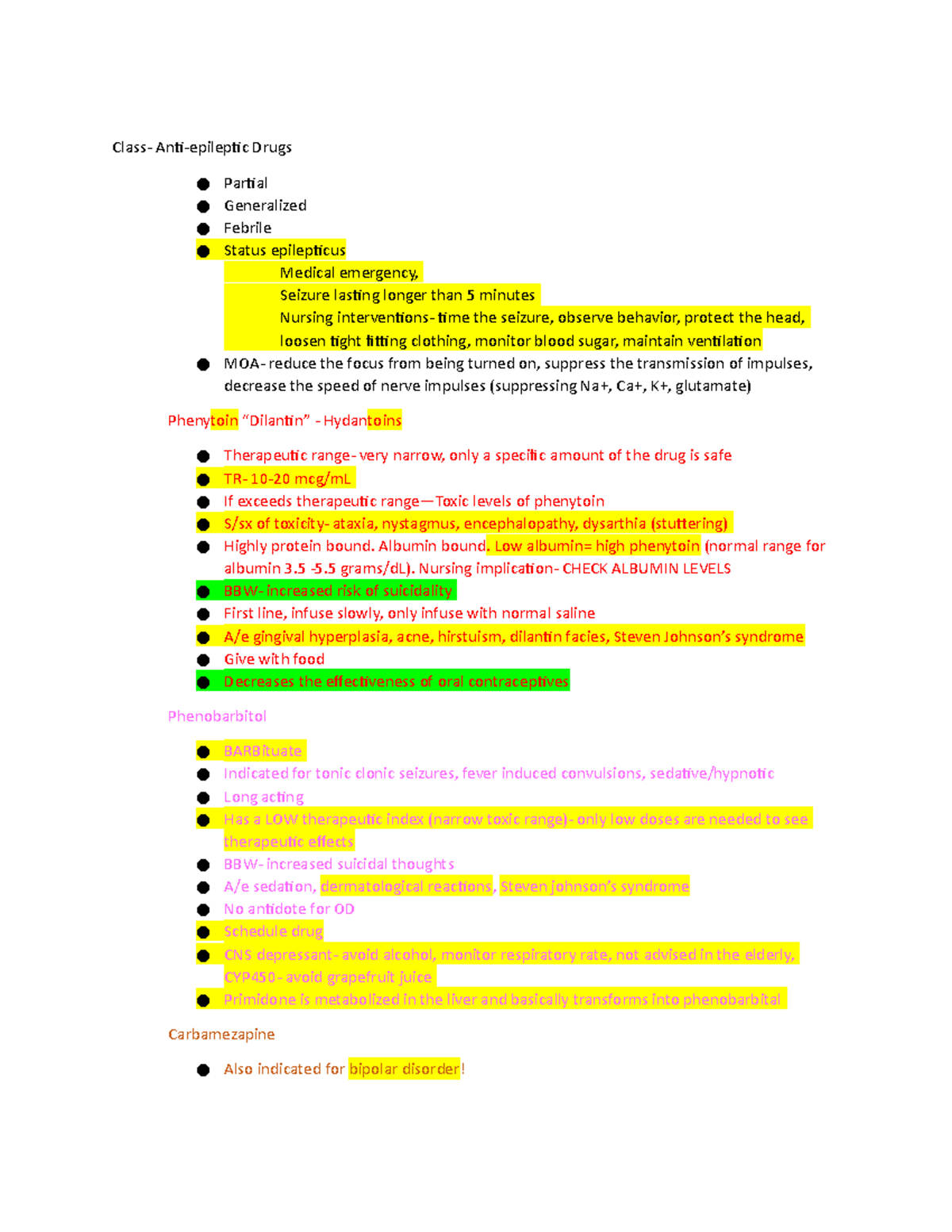 Natalee-Study guide unit 2 - Class- Anti-epileptic Drugs Partial ...