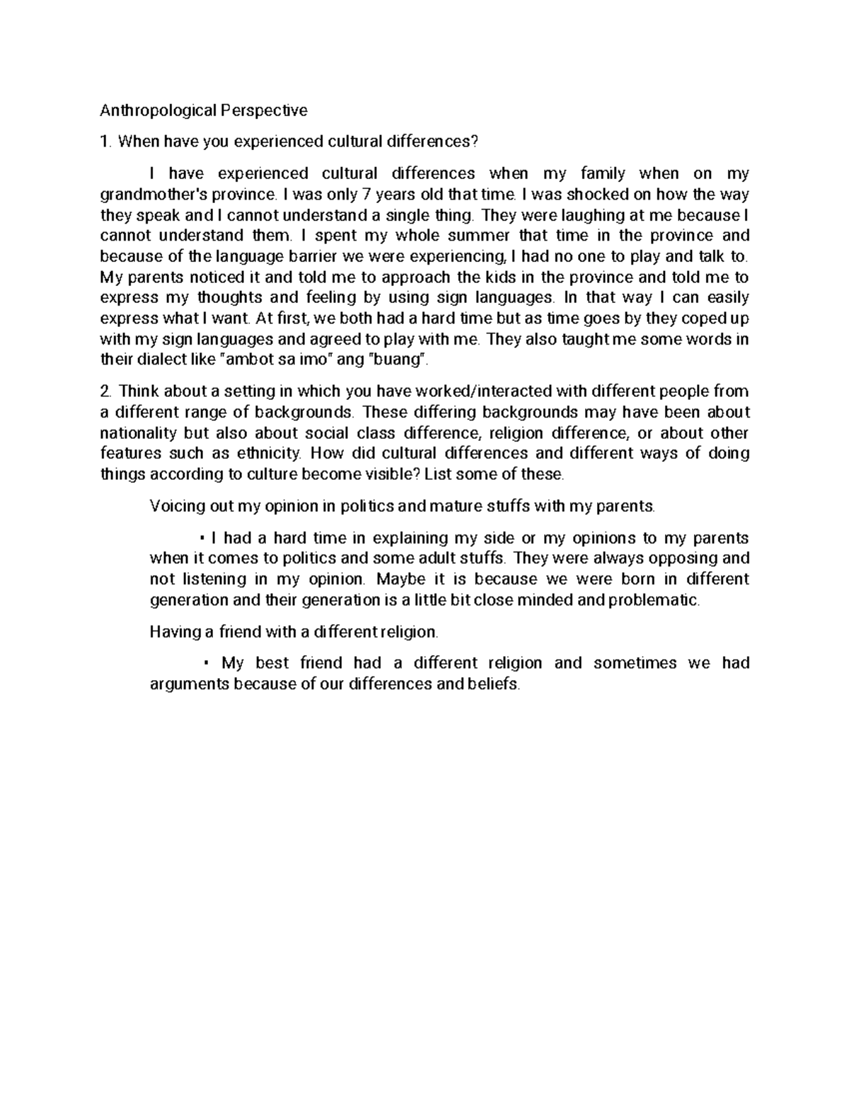 Anthropological Perspective - Anthropological Perspective When have you ...